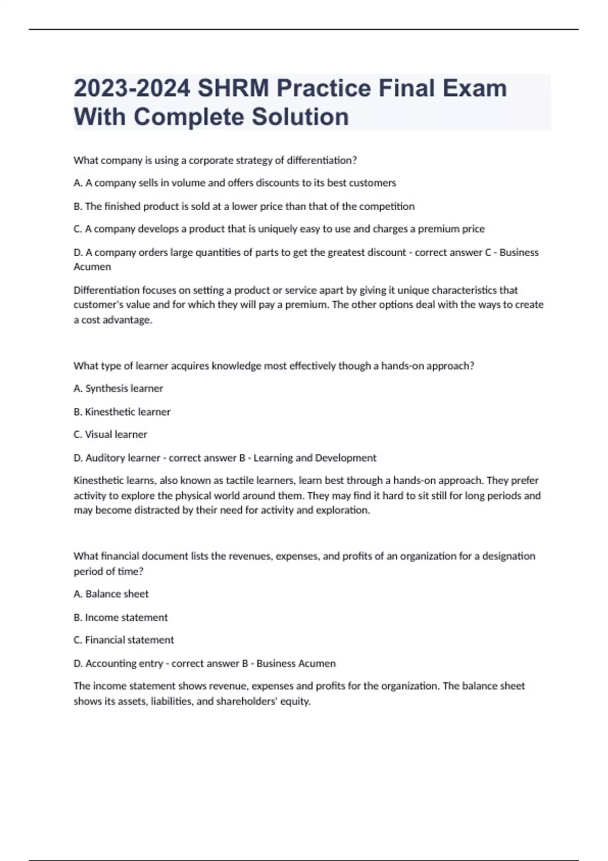 SHRM Practice Final Exam With Complete Solution - Strategic Plan Part 2, Internal Enviro - Stuvia US