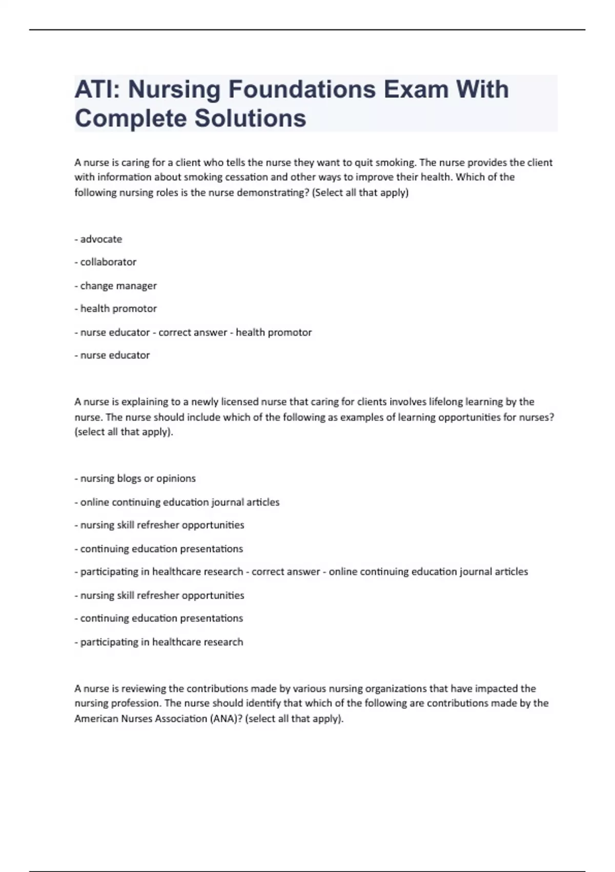 ATI: Nursing Foundations Exam With Complete Solutions - ATI NURS6630 - Stuvia US