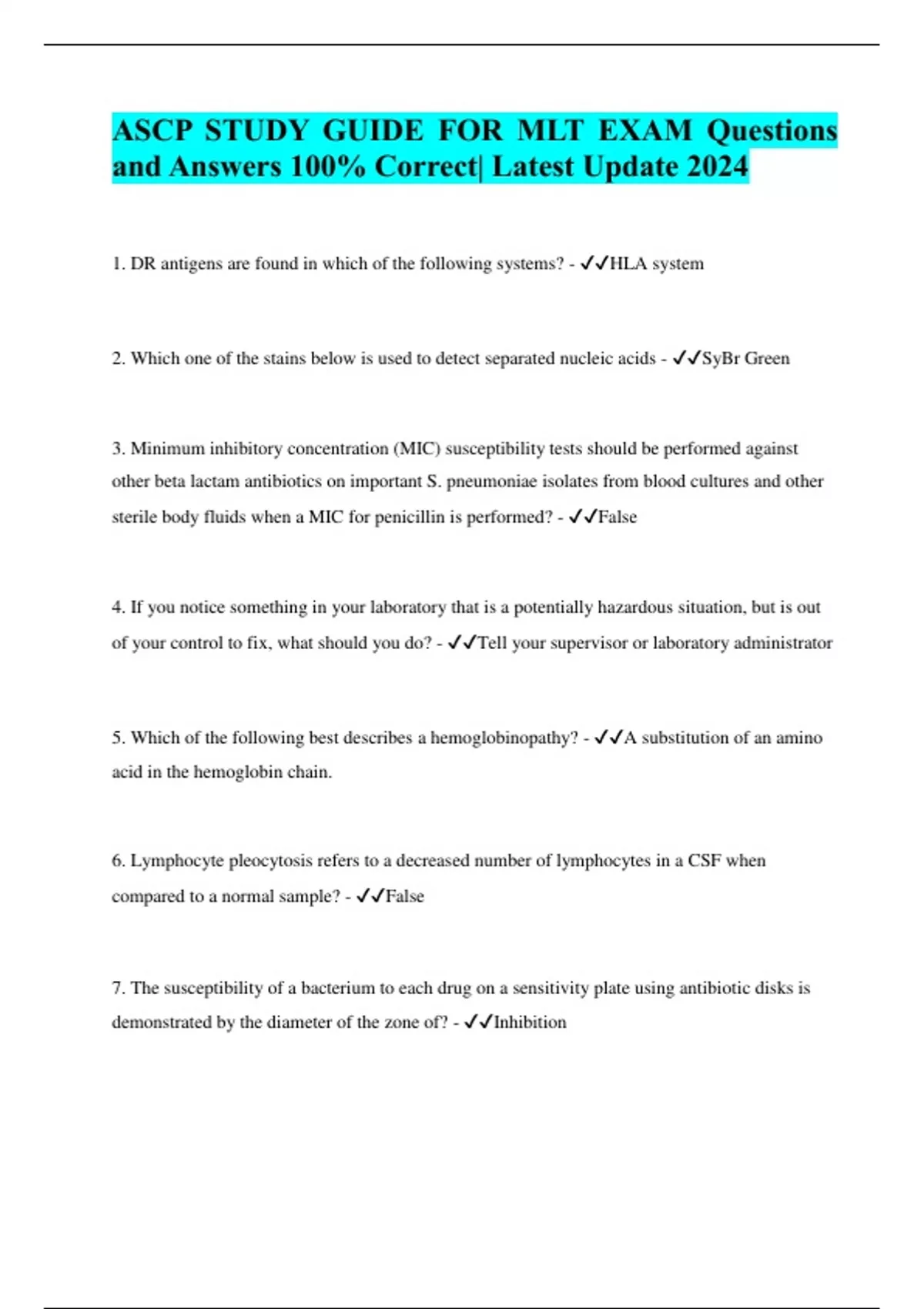 ASCP STUDY GUIDE FOR MLT EXAM Questions and Answers 100% Correct ...
