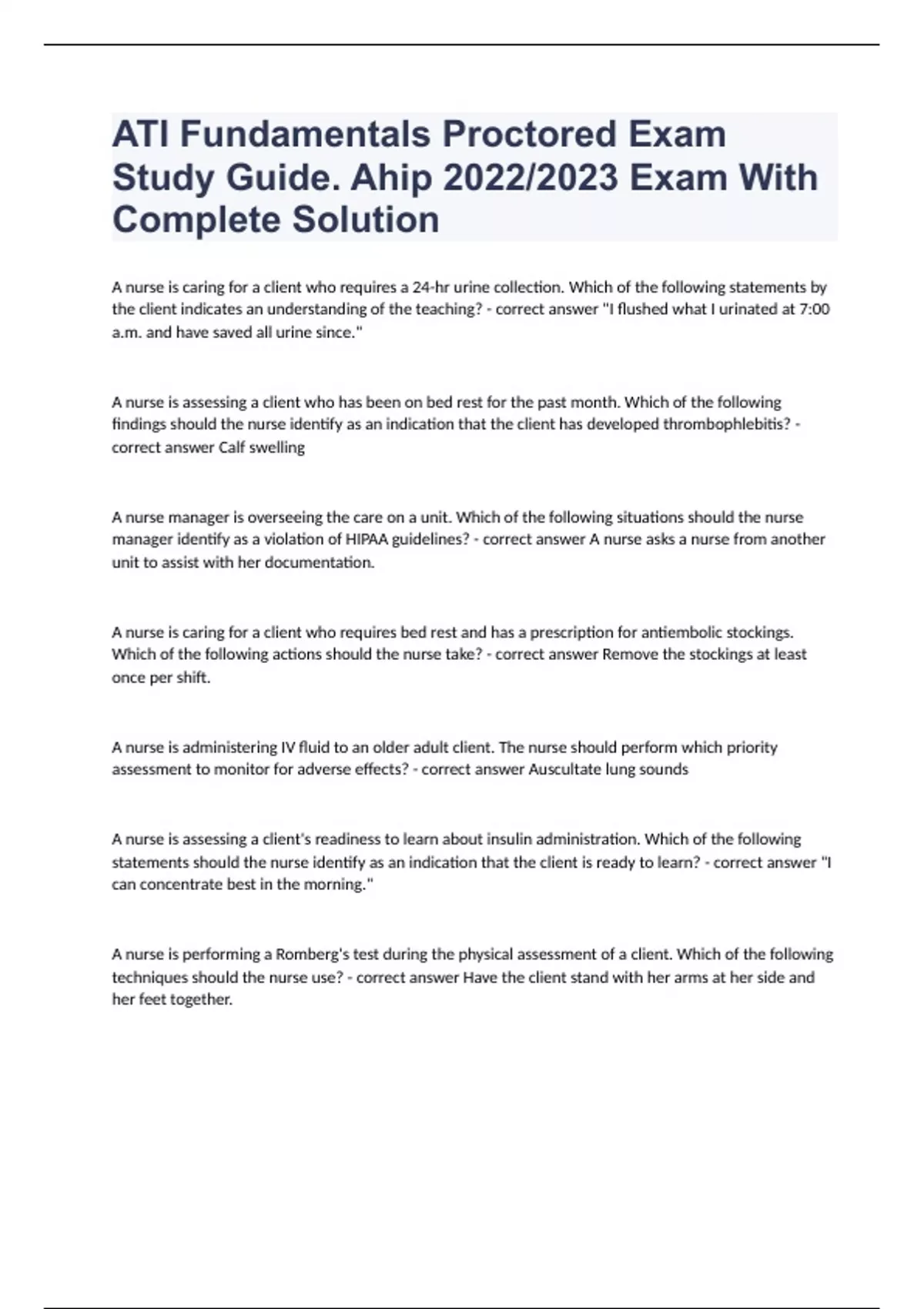 ATI Fundamentals Proctored Exam Study Guide. Ahip 2022/2023 Exam With ...