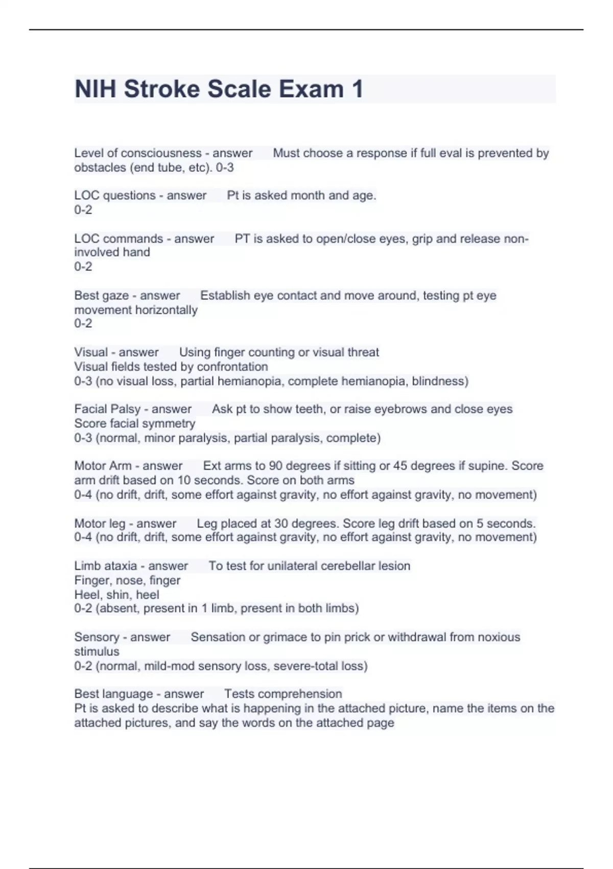 NIH Stroke Scale Exam 1 Questions and Answers Graded A+ - NIH Stroke ...