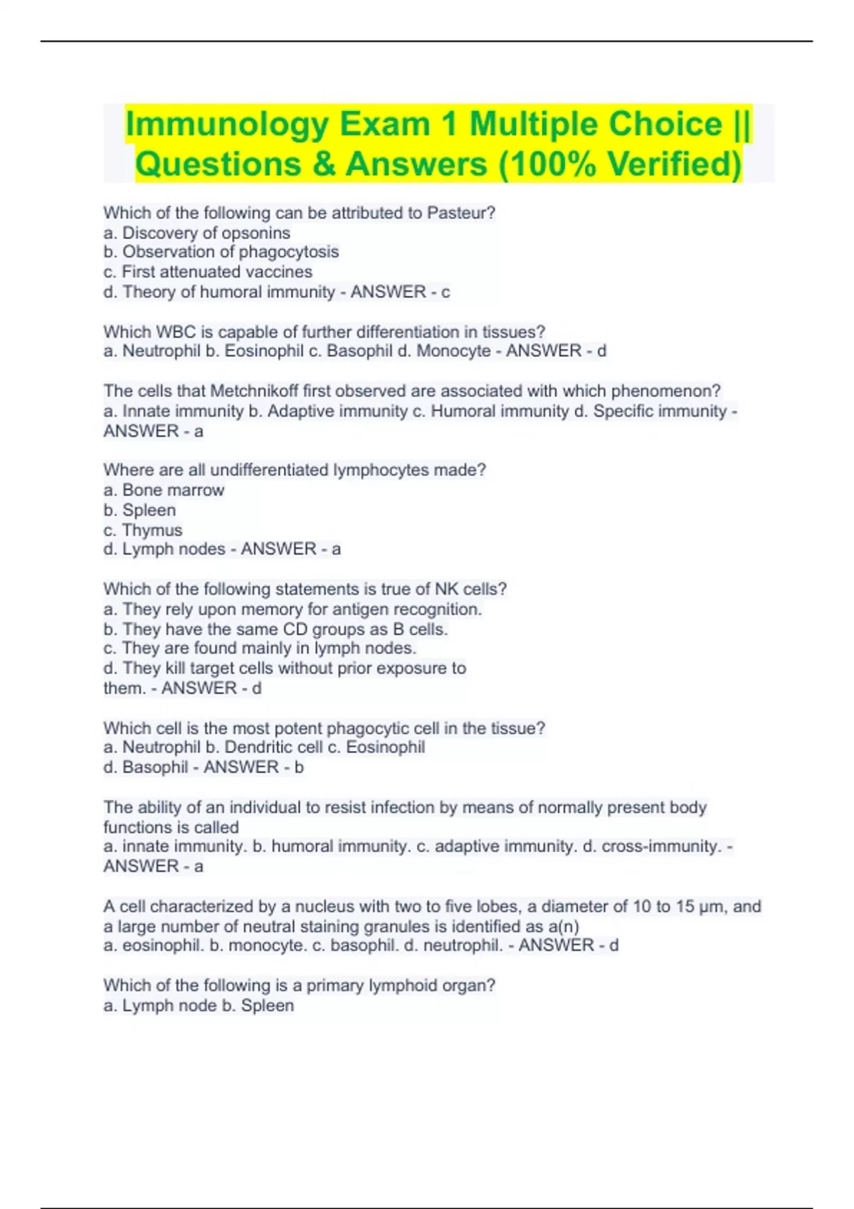 Immunology Exam 1 Multiple Choice || Questions & Answers (100% Verified ...