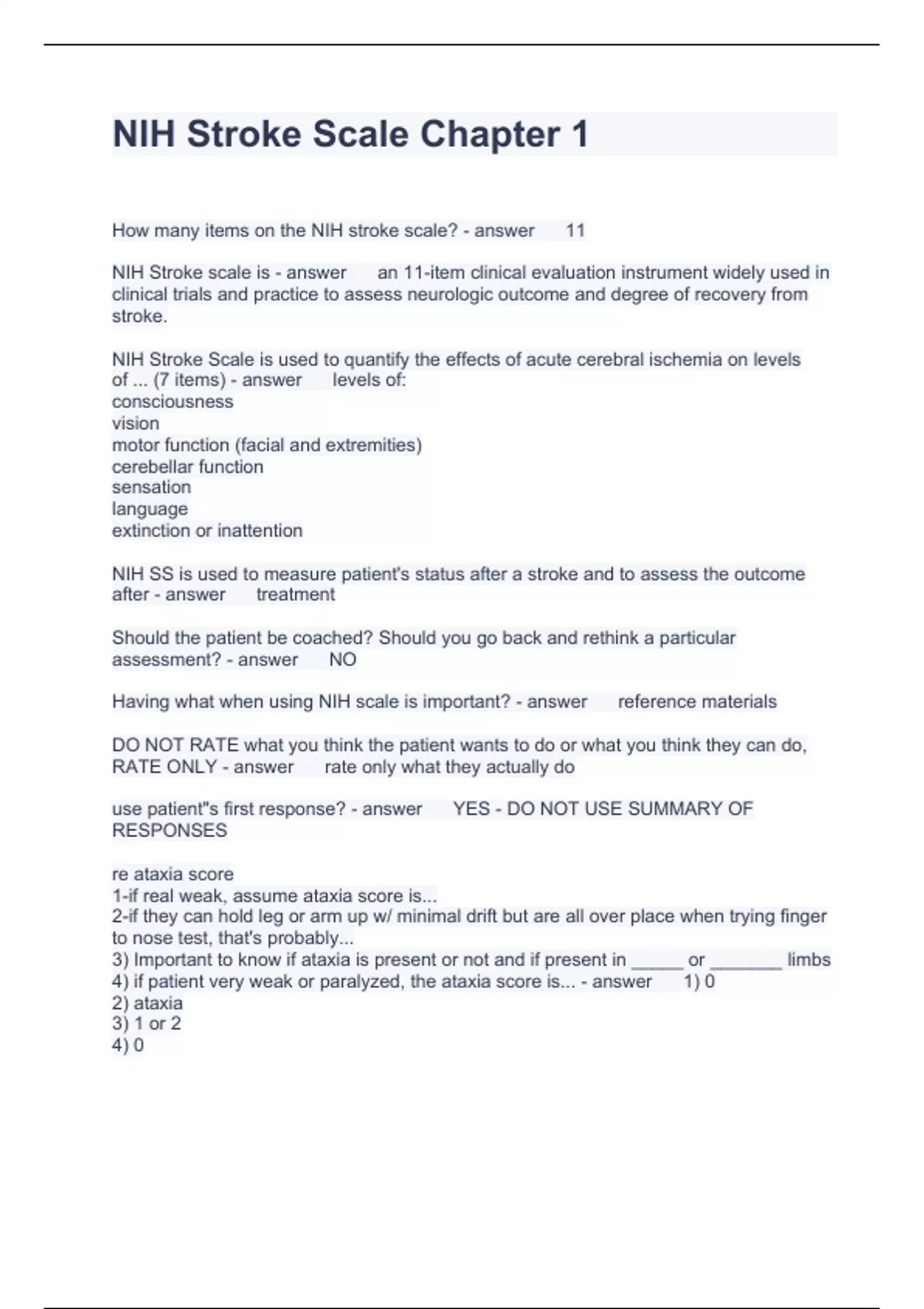 NIH Stroke Scale chapter 1 Questions and Answers 100% correct 2024 ...