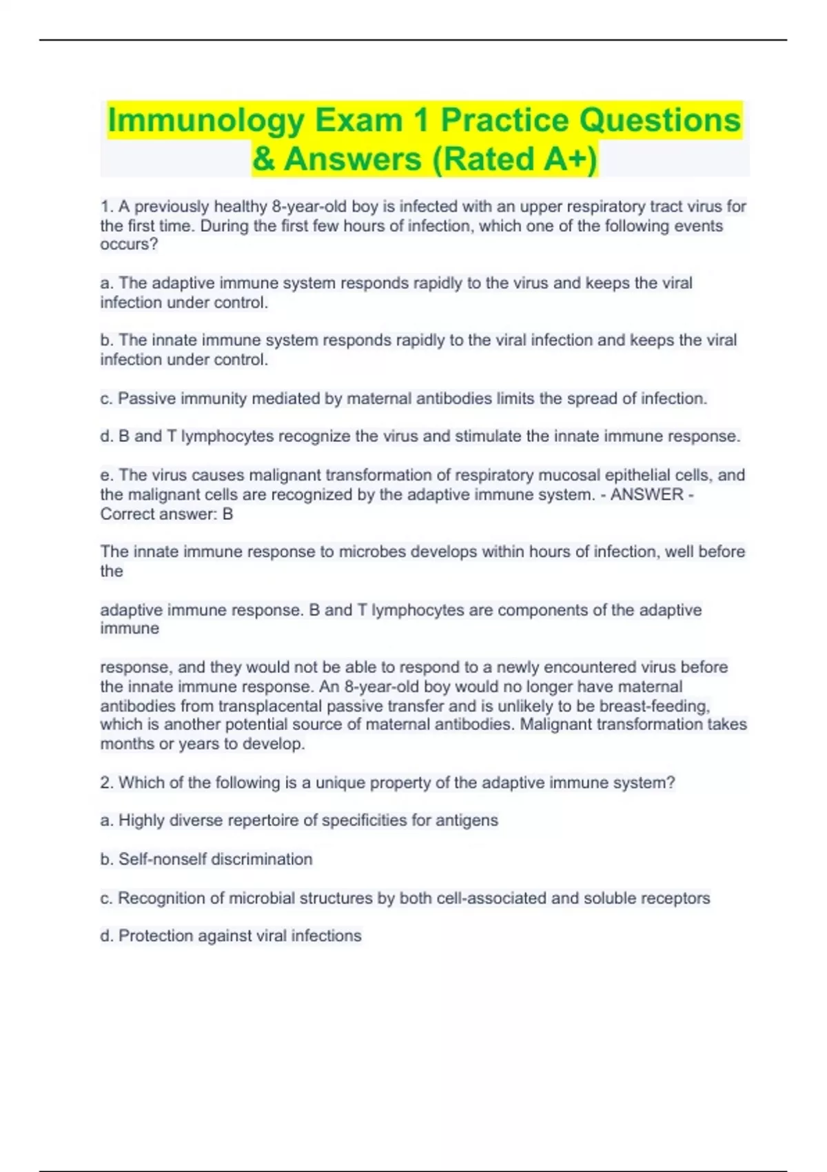 Immunology Exam 1 Practice Questions & Answers (Rated A+) - Immunology ...