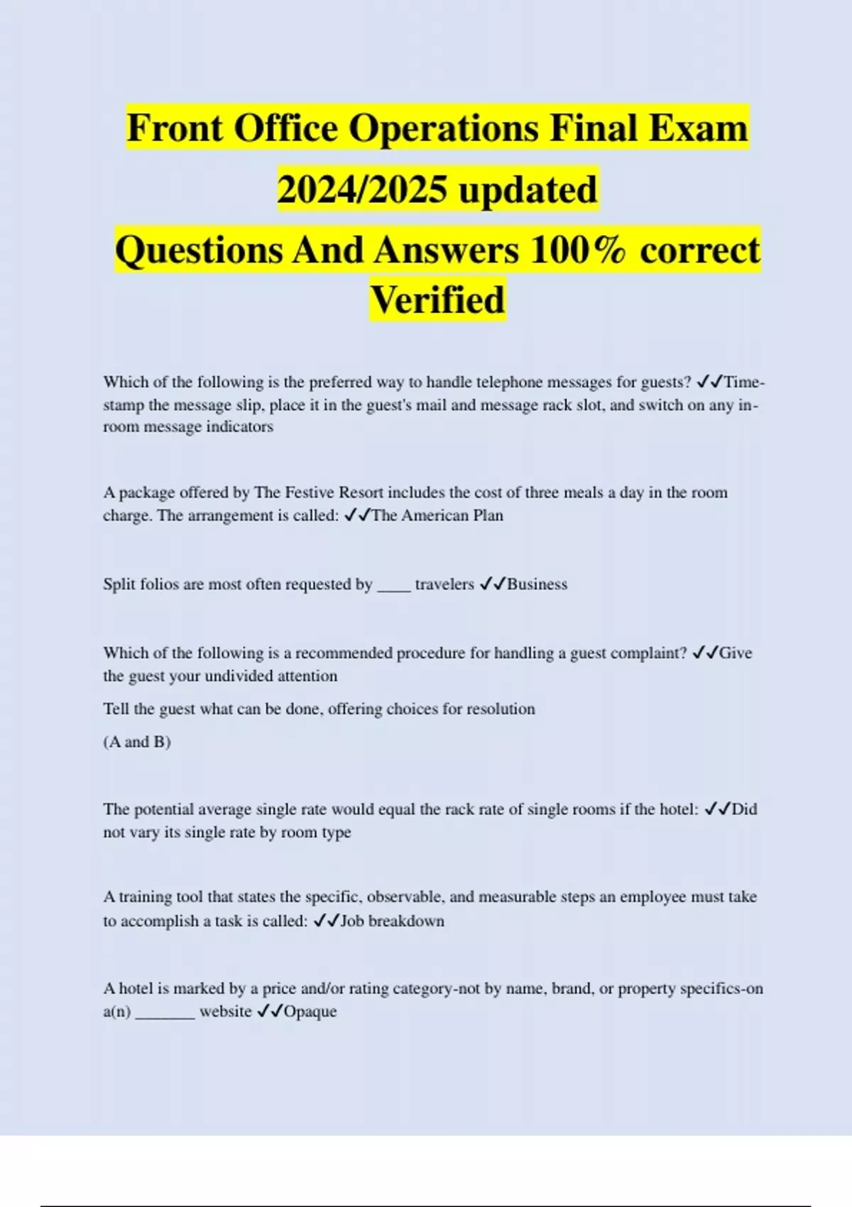 Front Desk Representative 2024/2025 updated Questions And Answers 100% ...