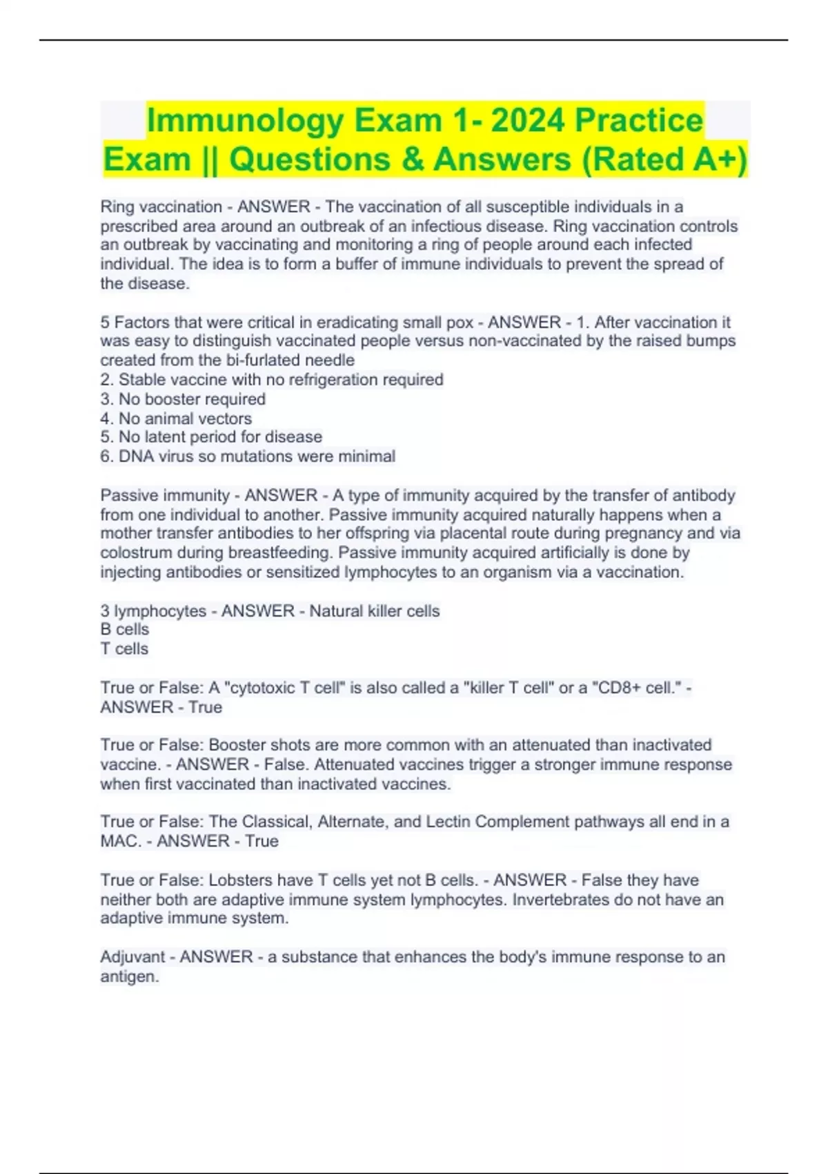 Immunology Exam 1- 2024 Practice Exam || Questions & Answers (Rated A+ ...