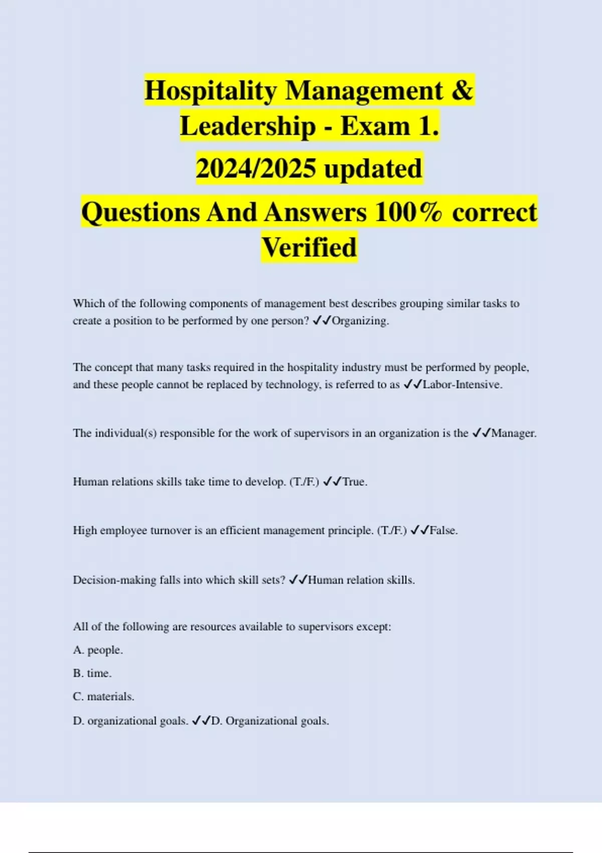 Hospitality Management & Leadership - Exam 1. 2024/2025 updated ...