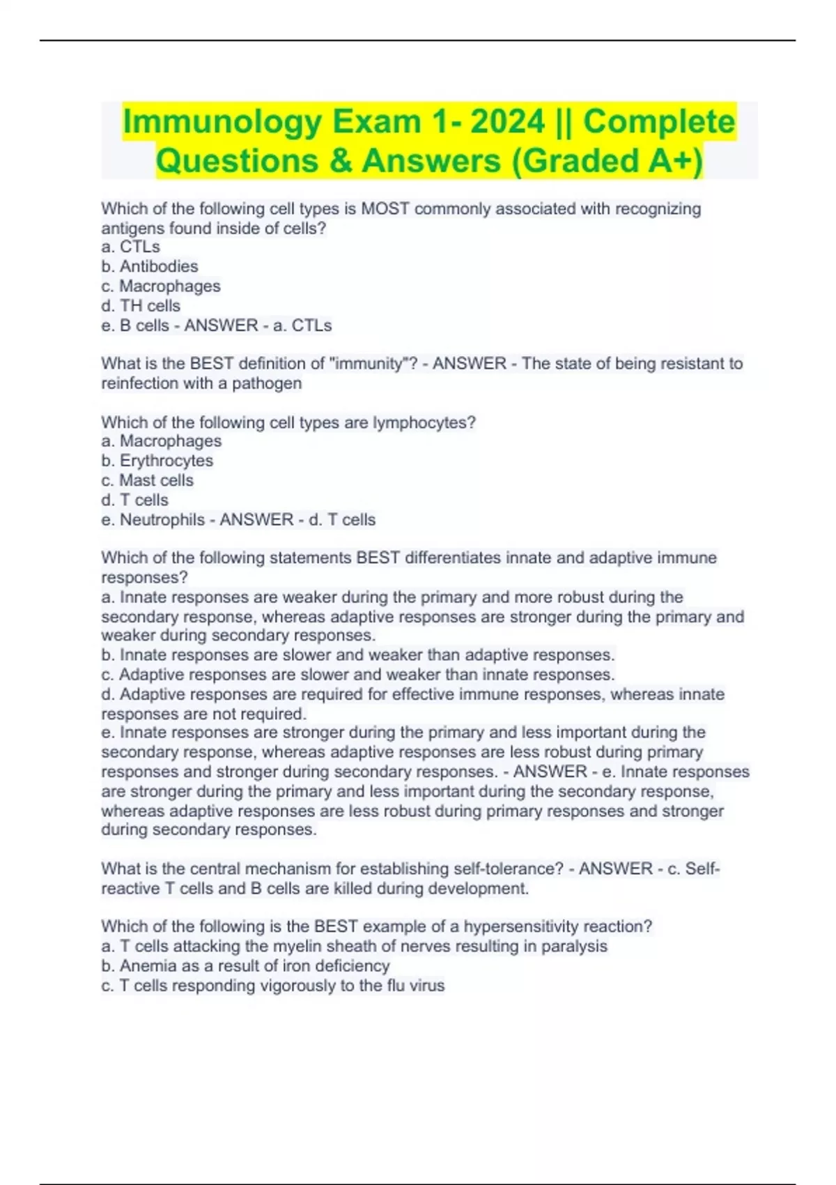 Immunology Exam 1- 2024 || Complete Questions & Answers (Graded A+ ...