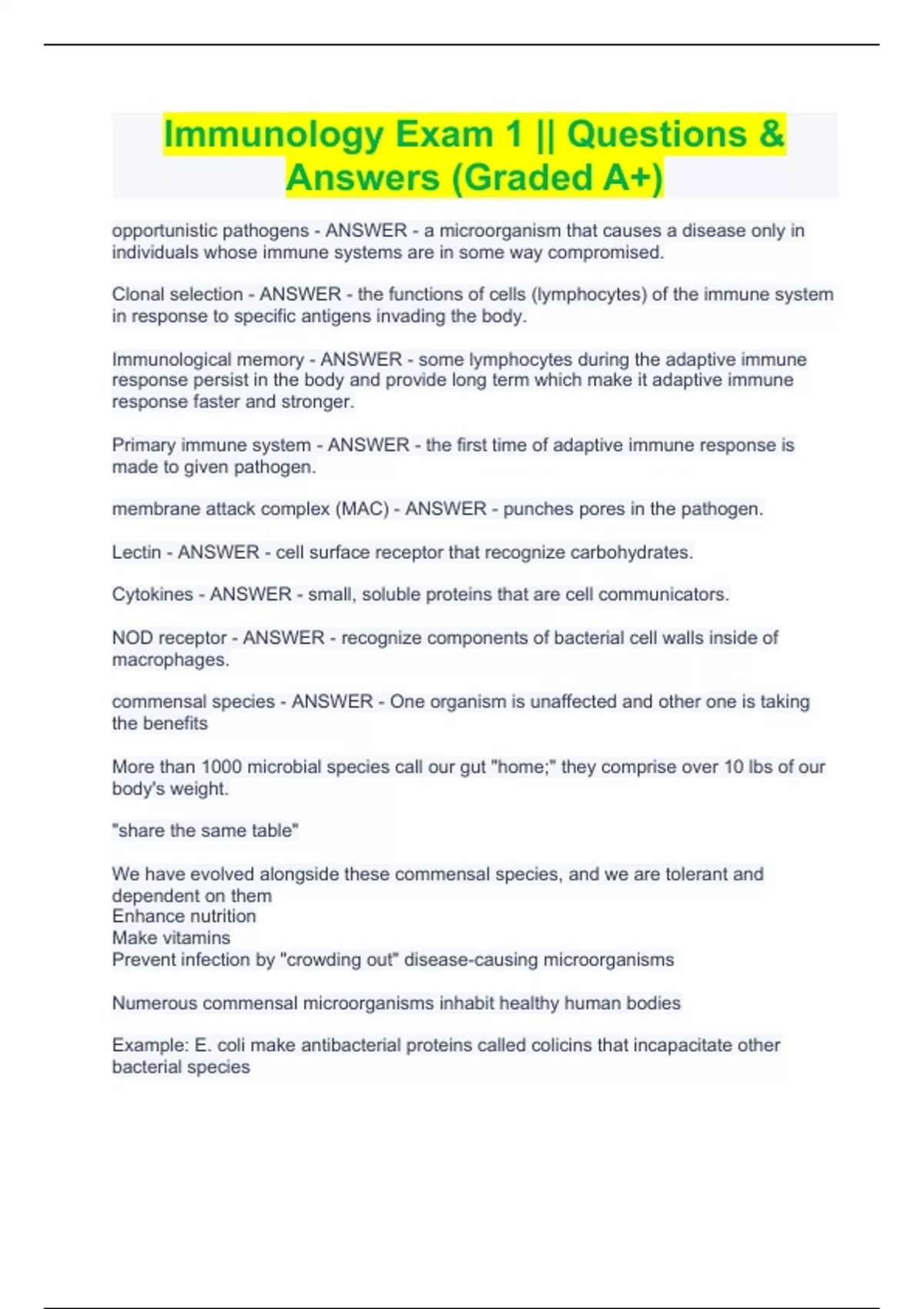 Immunology Exam 1 || Questions & Answers (Graded A+) - Immunology ...