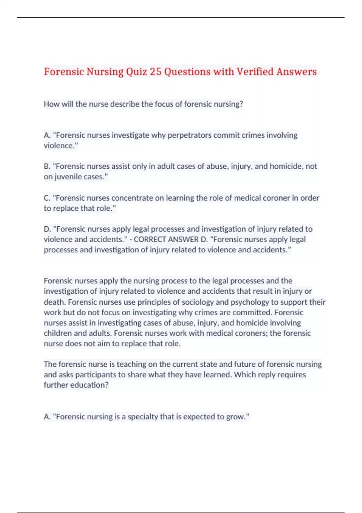 Forensic Nursing Quiz 25 Questions with Verified Answers,100% CORRECT ...