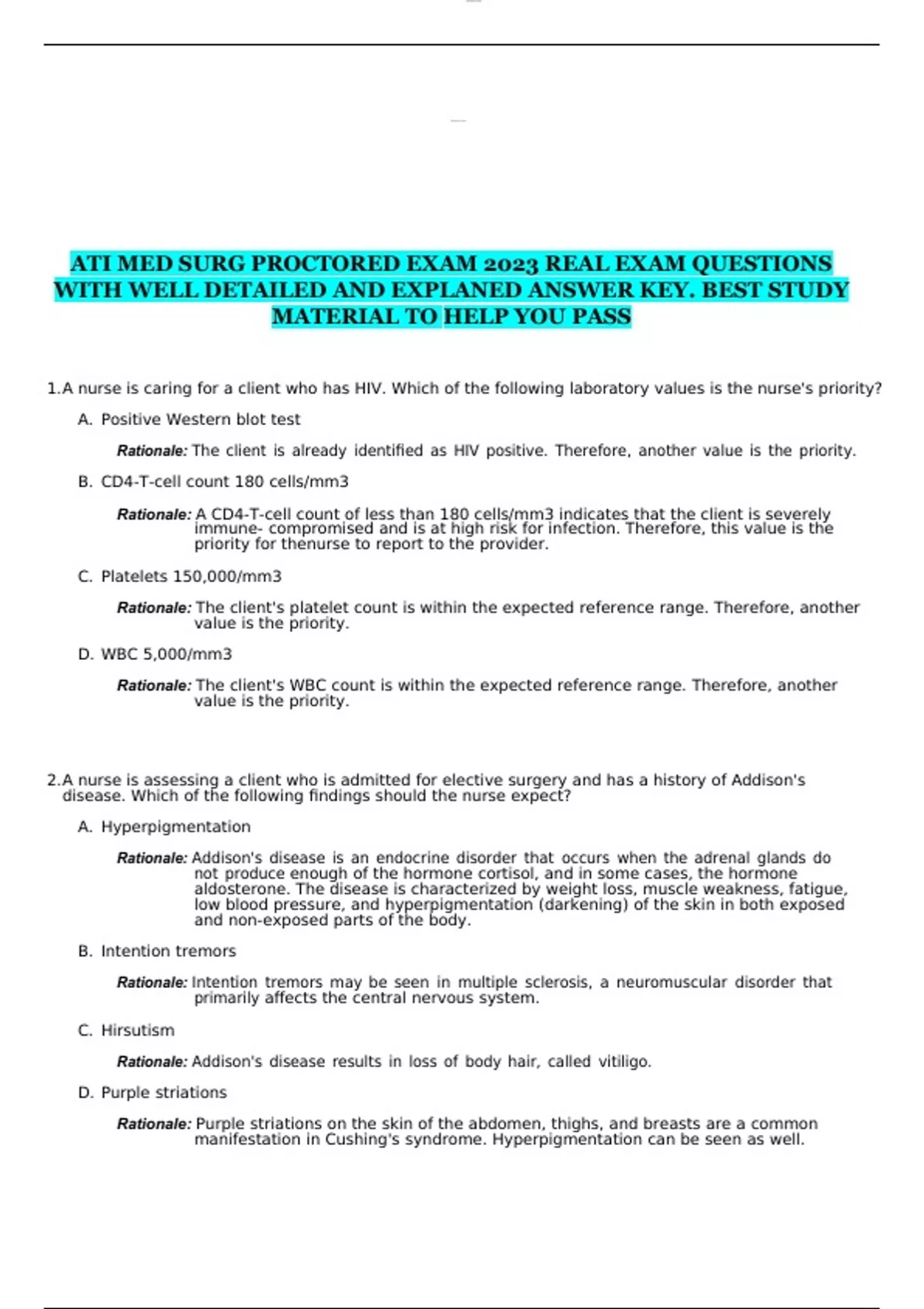 ATI MED SURG PROCTORED EXAM 2024 REAL EXAM QUESTIONS WITH WELL DETAILED ...