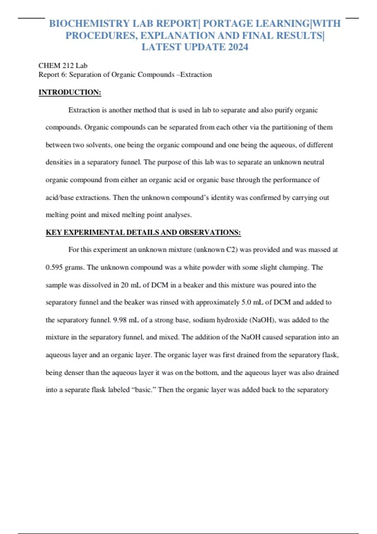 BIOCHEMISTRY LAB 6 REPORT| PORTAGE LEARNING|WITH PROCEDURES ...