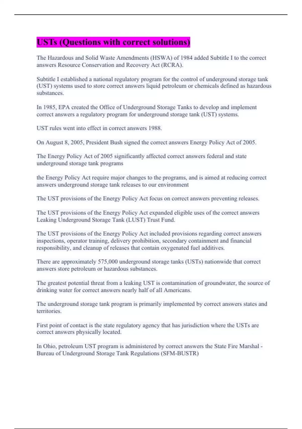 USTs (Questions with correct solutions) - USTs - Stuvia US