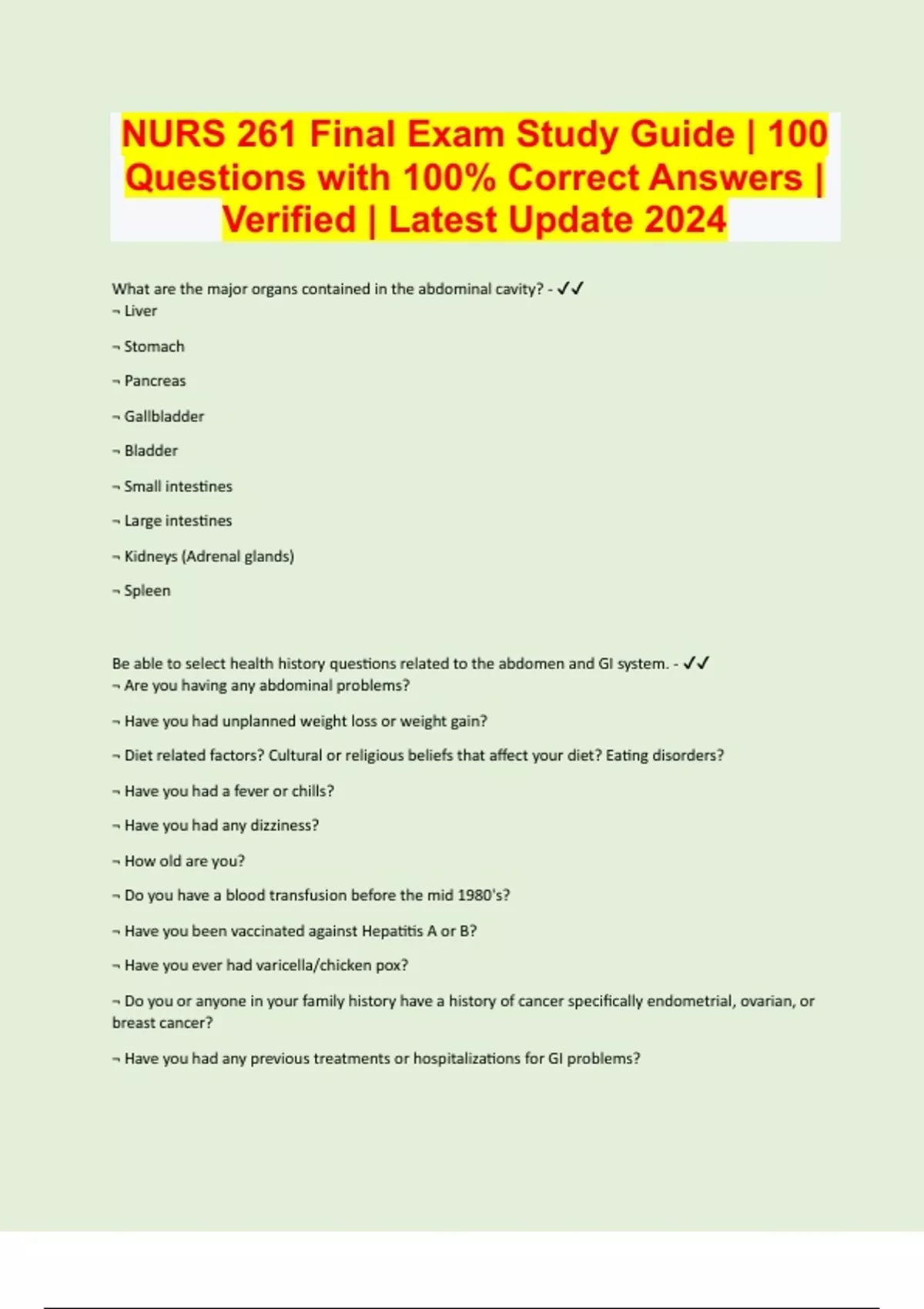 Nurs 261 Final Exam Study Guide 100 Questions With 100 Correct