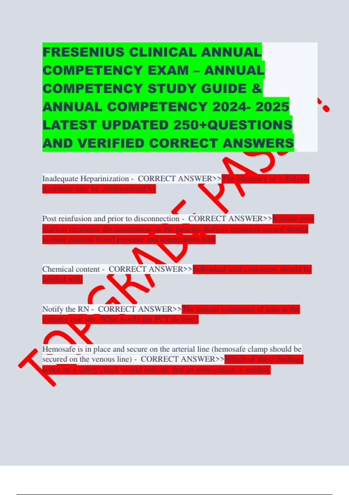 FRESENIUS CLINICAL ANNUAL COMPETENCY EXAM – ANNUAL COMPETENCY STUDY GUIDE & ANNUAL COMPETENCY ...