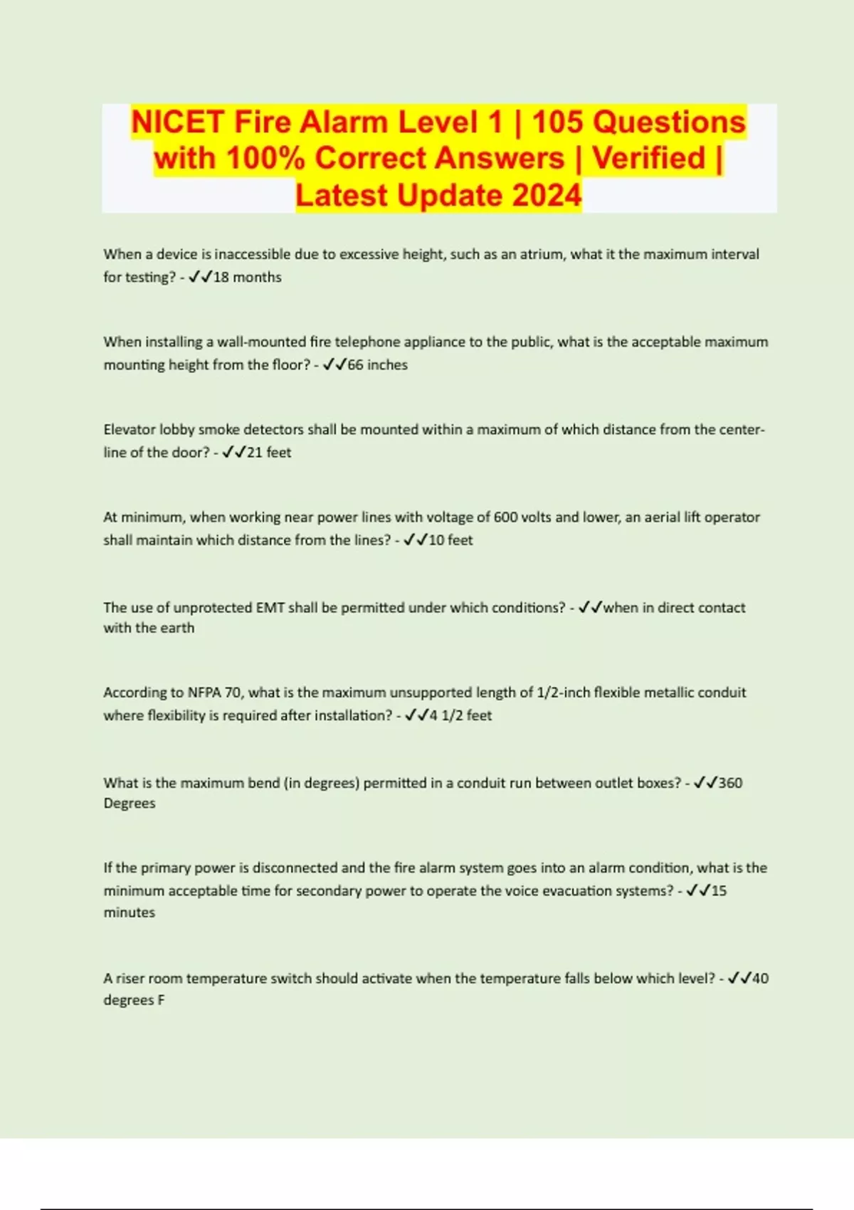 NICET Fire Alarm Level 1 | 105 Questions with 100% Correct Answers ...