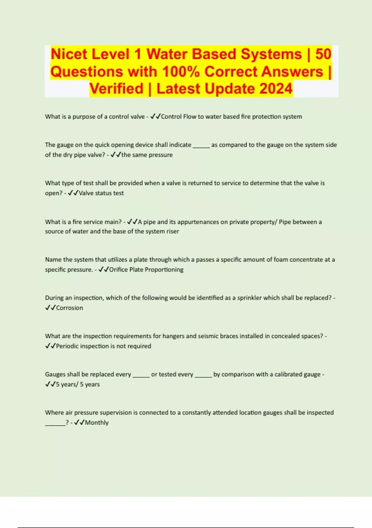 Nicet Level 1 Water Based Systems | 50 Questions with 100% Correct ...