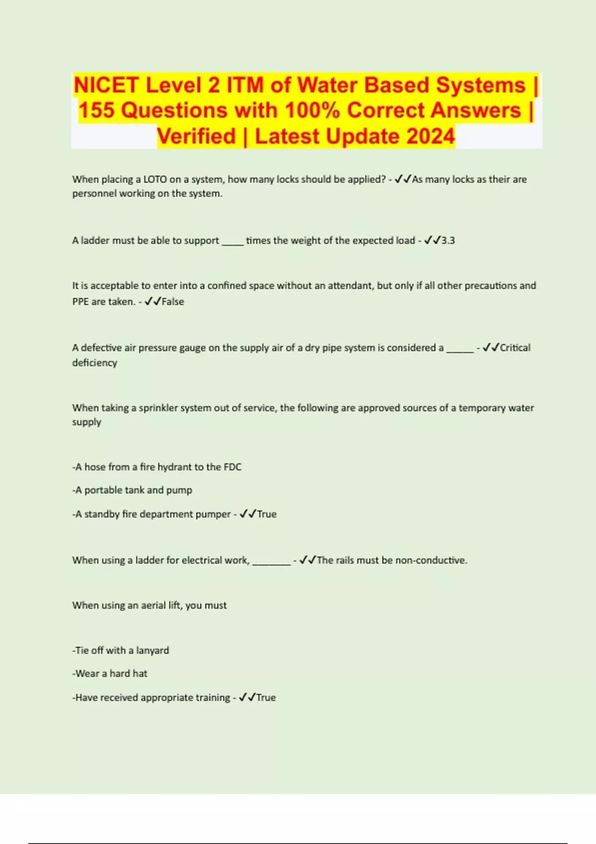 NICET Level 2 ITM of Water Based Systems | 155 Questions with 100% ...