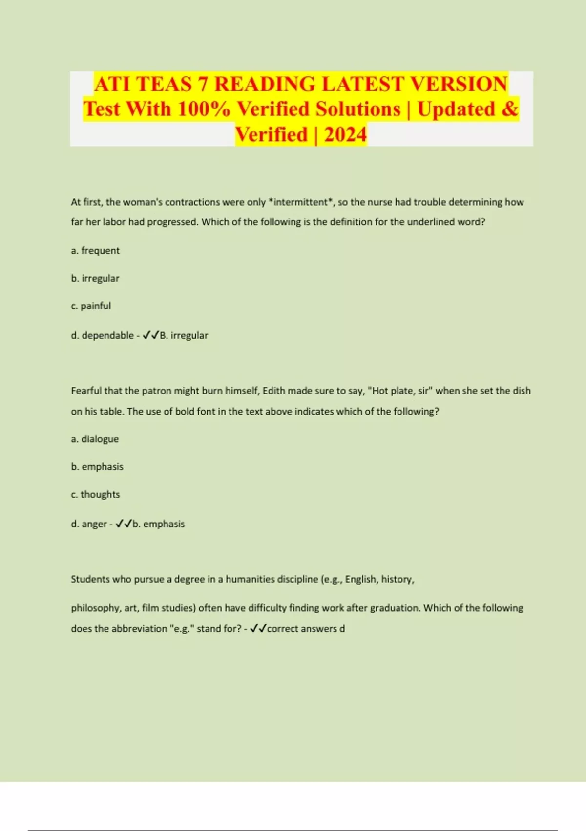 ATI TEAS 7 READING LATEST VERSION Test With 100% Verified Solutions ...