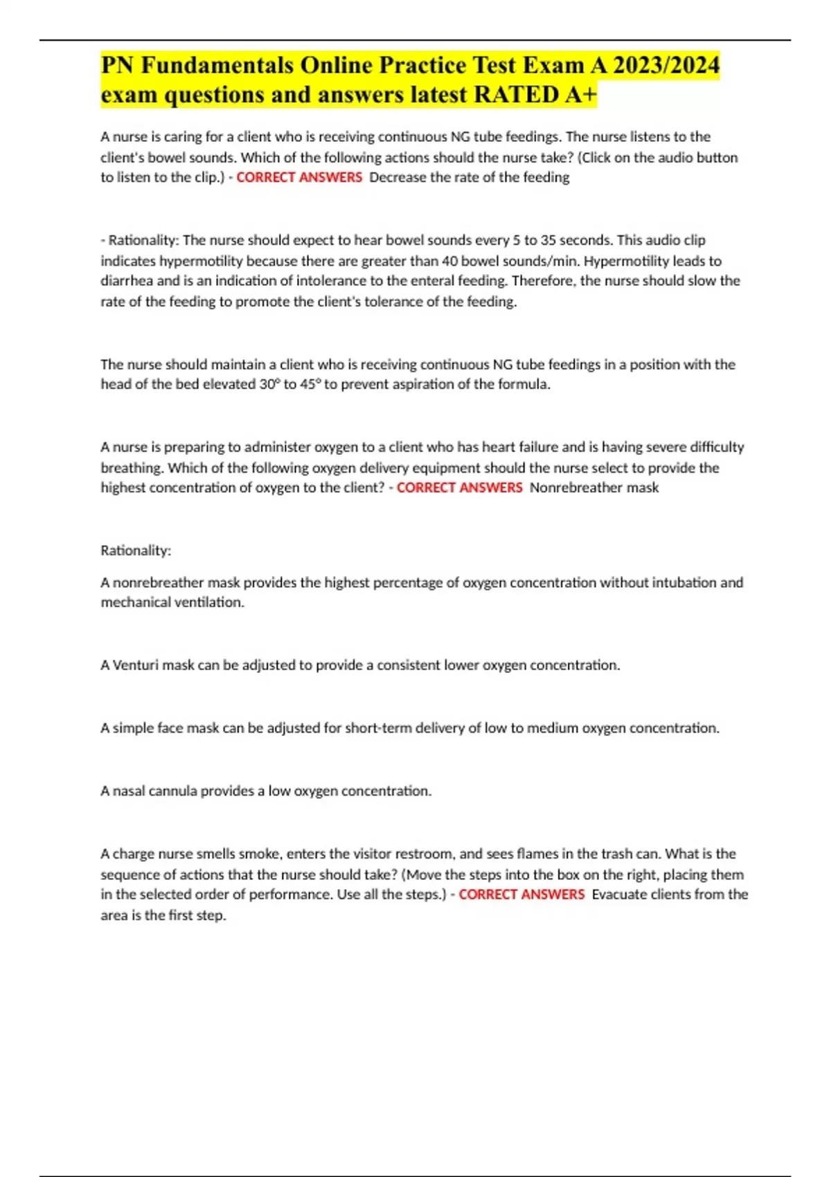 PN Fundamentals Online Practice Test Exam A 2023/2024 exam questions ...