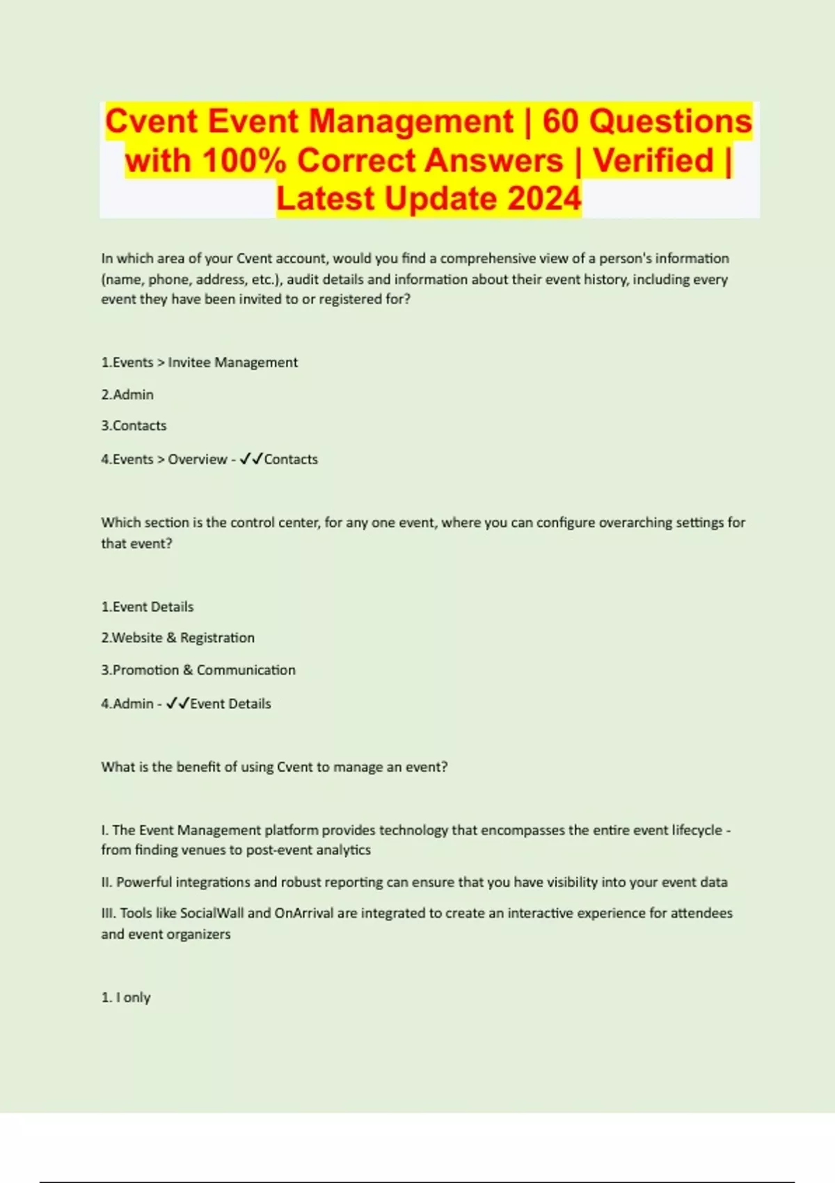 Cvent Event Management | 60 Questions with 100% Correct Answers | Verified | Latest Update 2024 ...