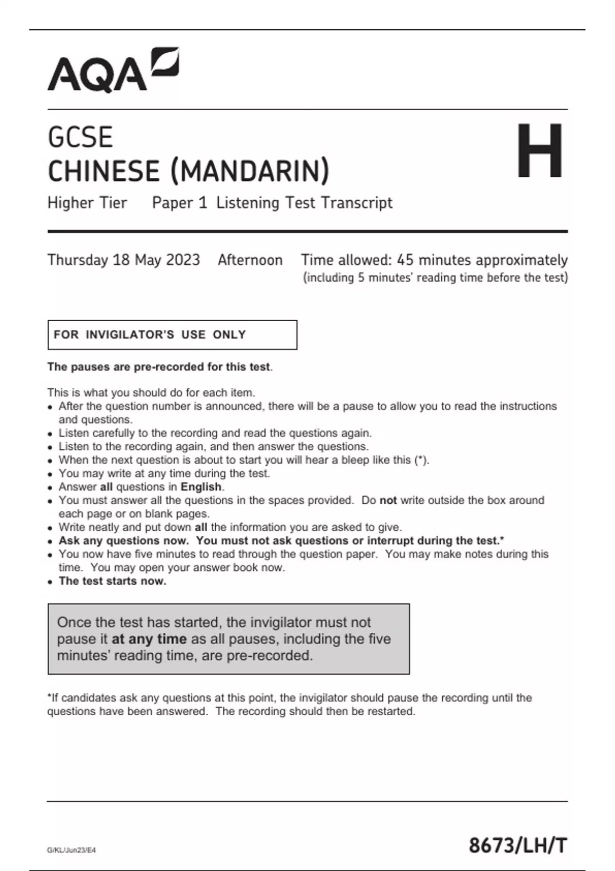 GCSE AQA May 2023 Higher Chinese (Mandarin) Paper 1 Listening ...