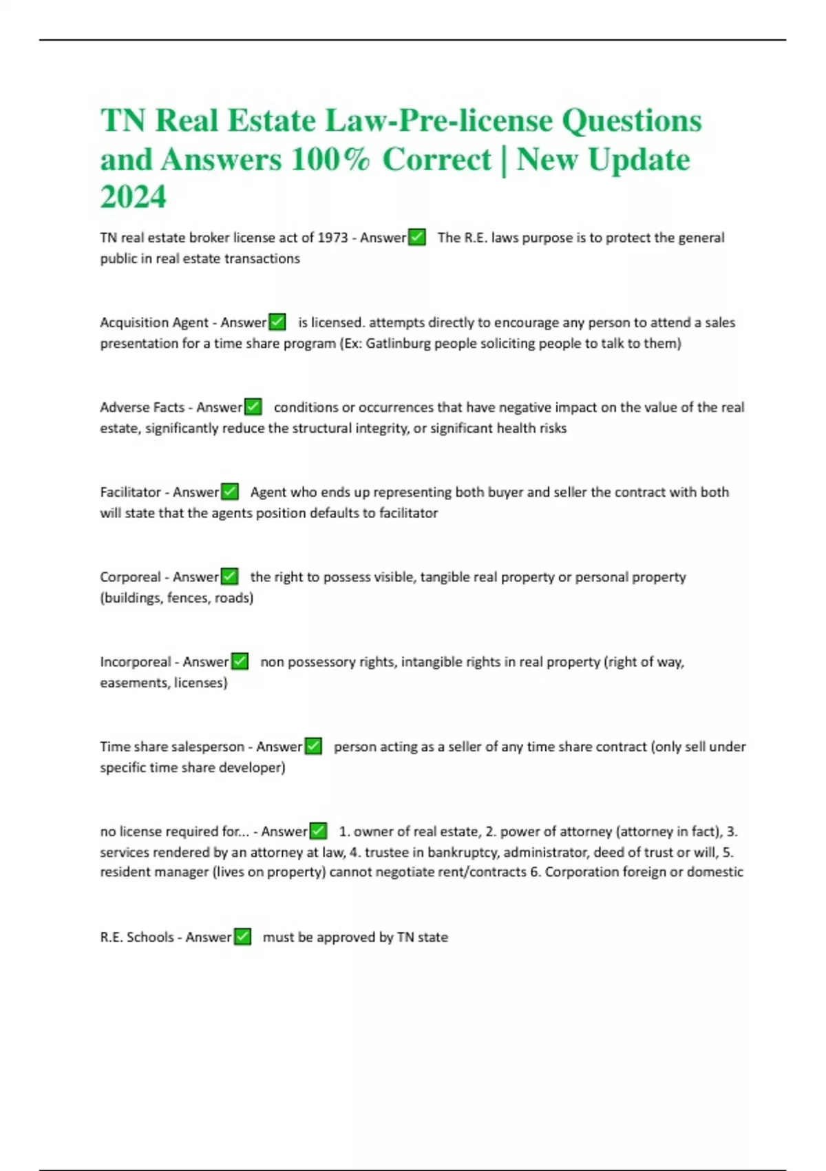 TN Real Estate Law-Pre-license Questions and Answers 100% Correct | New ...