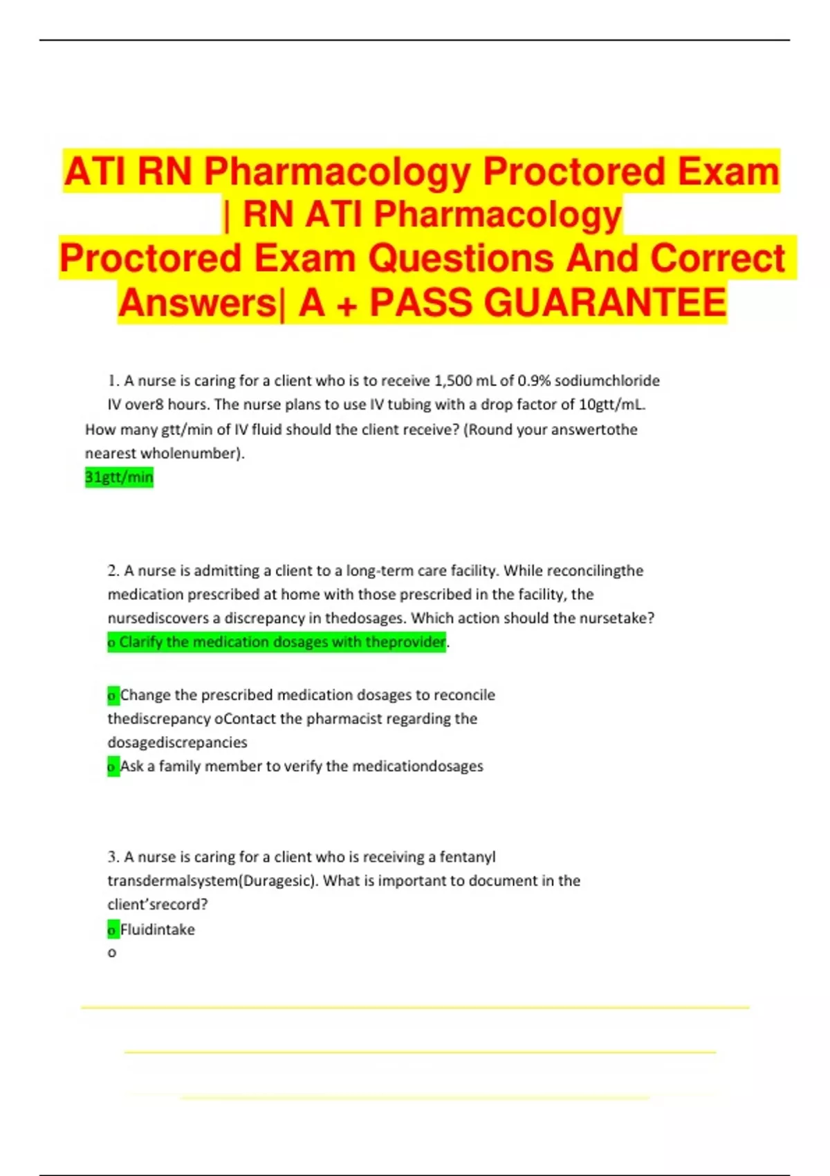 ATI RN Pharmacology Proctored Exam | RN ATI Pharmacology Proctored Exam ...