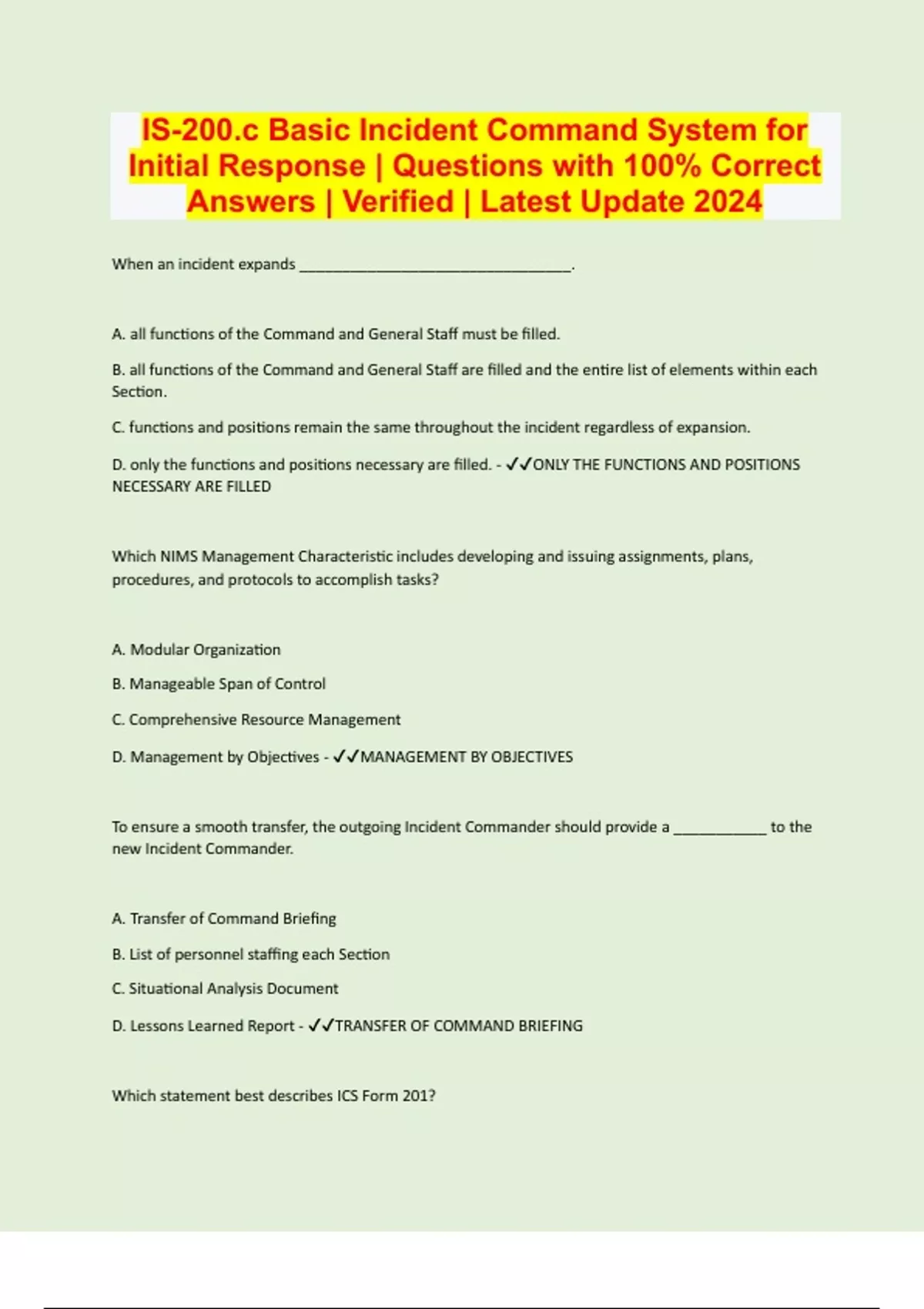 IS-200.c Basic Incident Command System for Initial Response | Questions ...