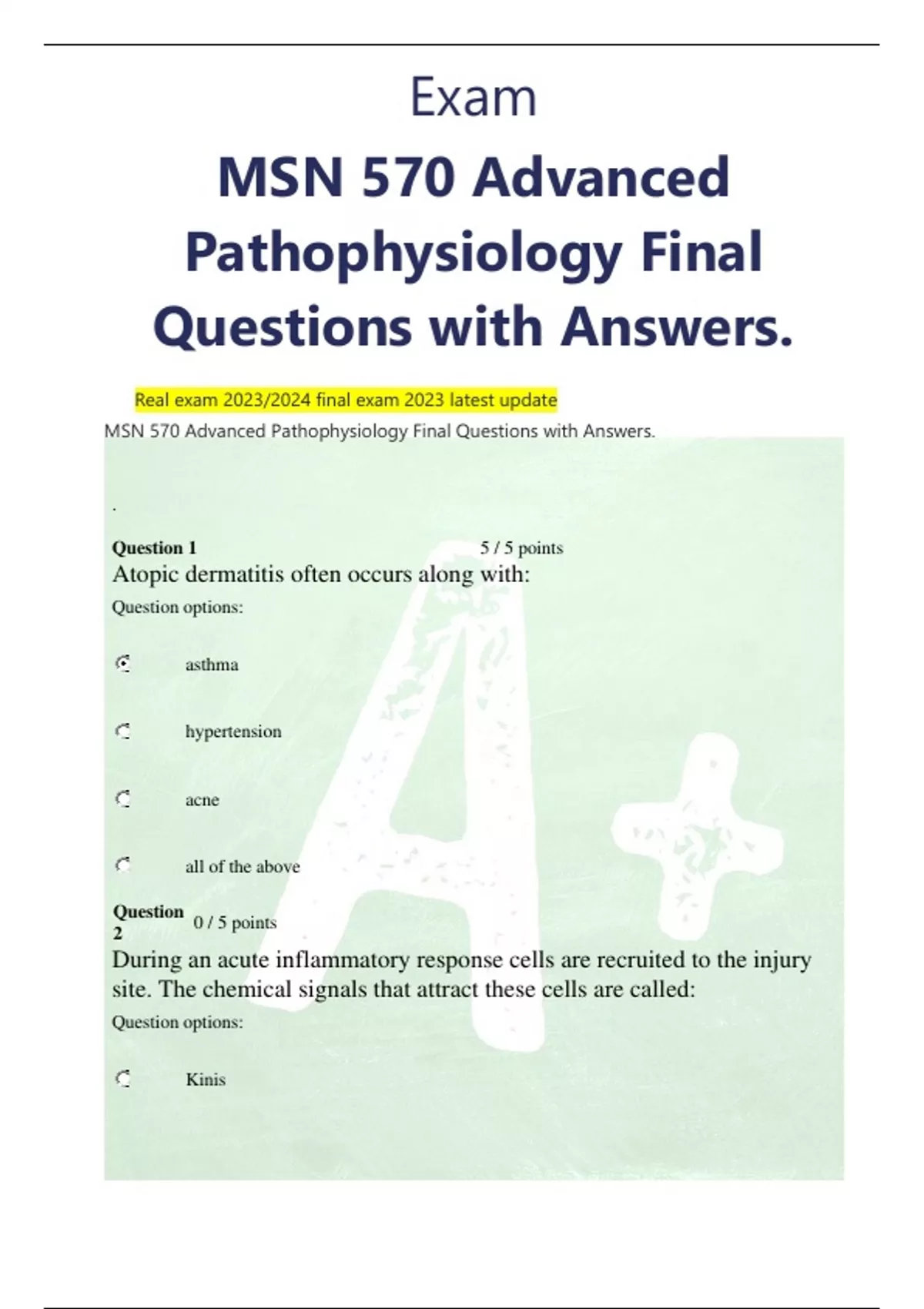 MSN 570 Advanced Pathophysiology Final Questions with Answers. Real ...