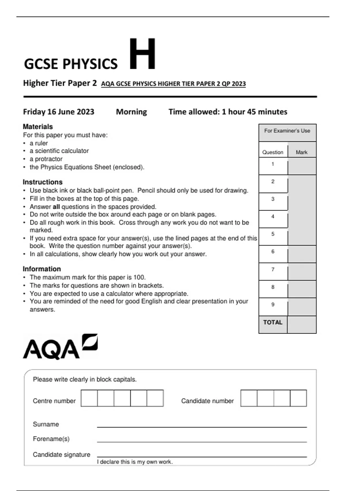 AQA GCSE PHYSICS HIGHER TIER PAPER 2 QP 2023 - AQA - Stuvia US