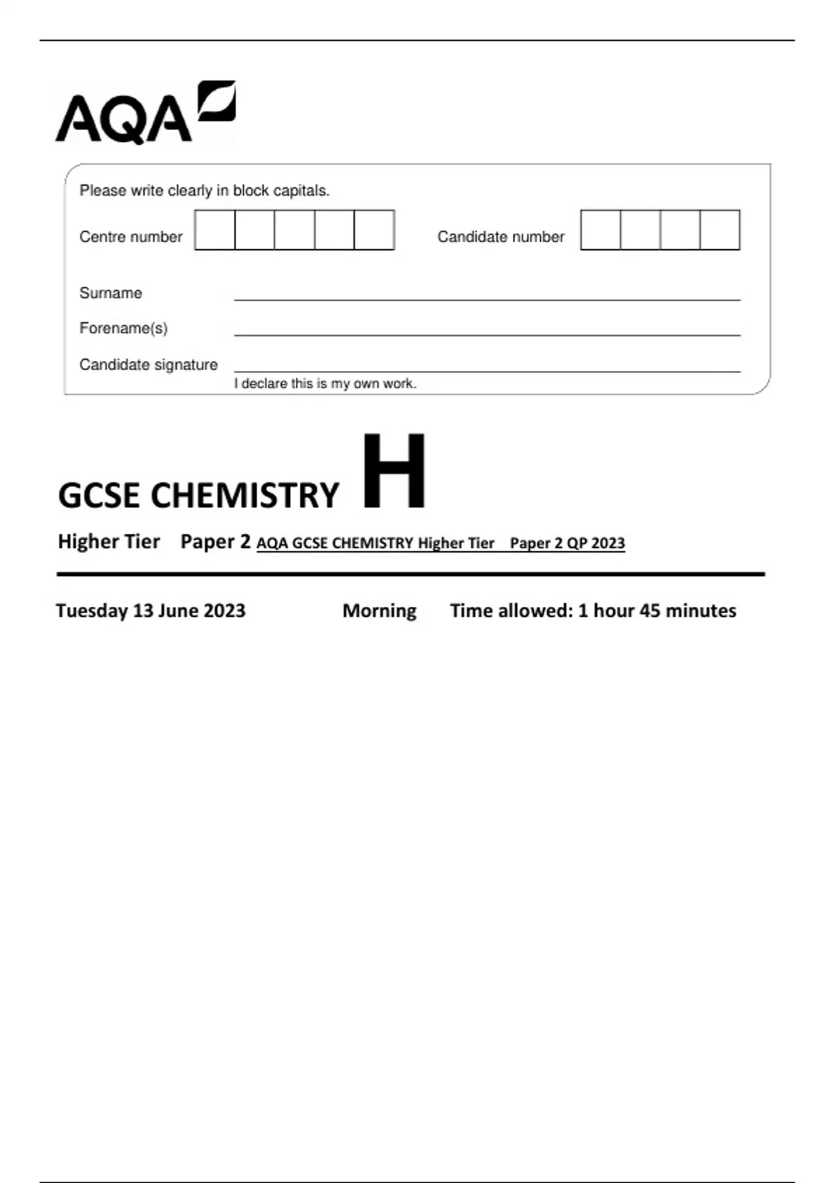 AQA GCSE CHEMISTRY Higher Tier Paper 2 QP 2023 - AQA - Stuvia US