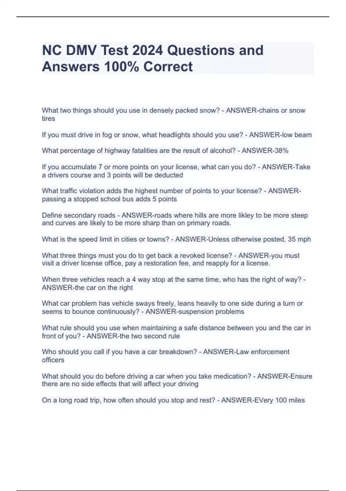 NC DMV Test 2024 Questions and Answers 100% Correct - NC DMV - Stuvia US