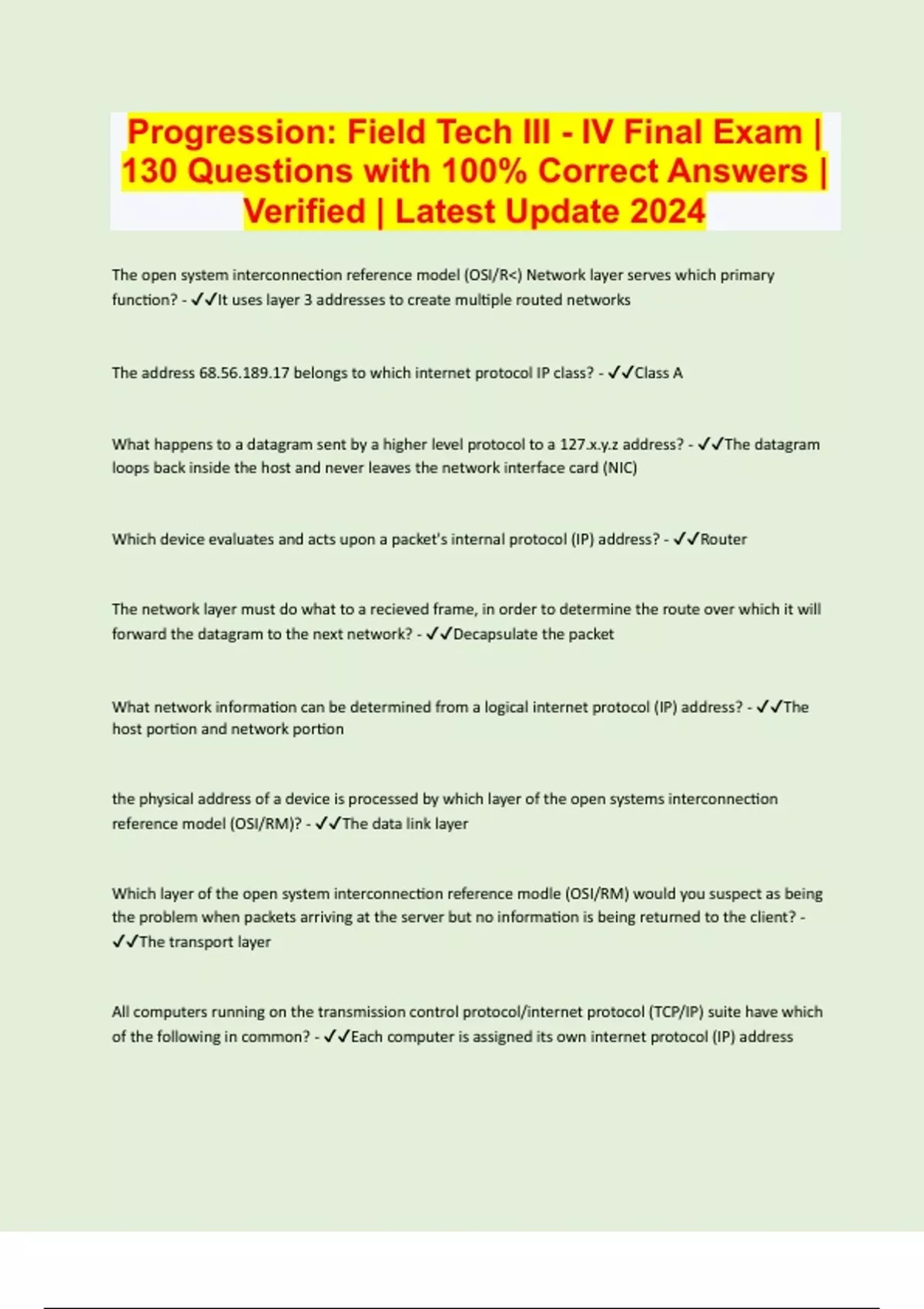 Progression: Field Tech III - IV Final Exam | 130 Questions with 100% Correct Answers | Verified ...