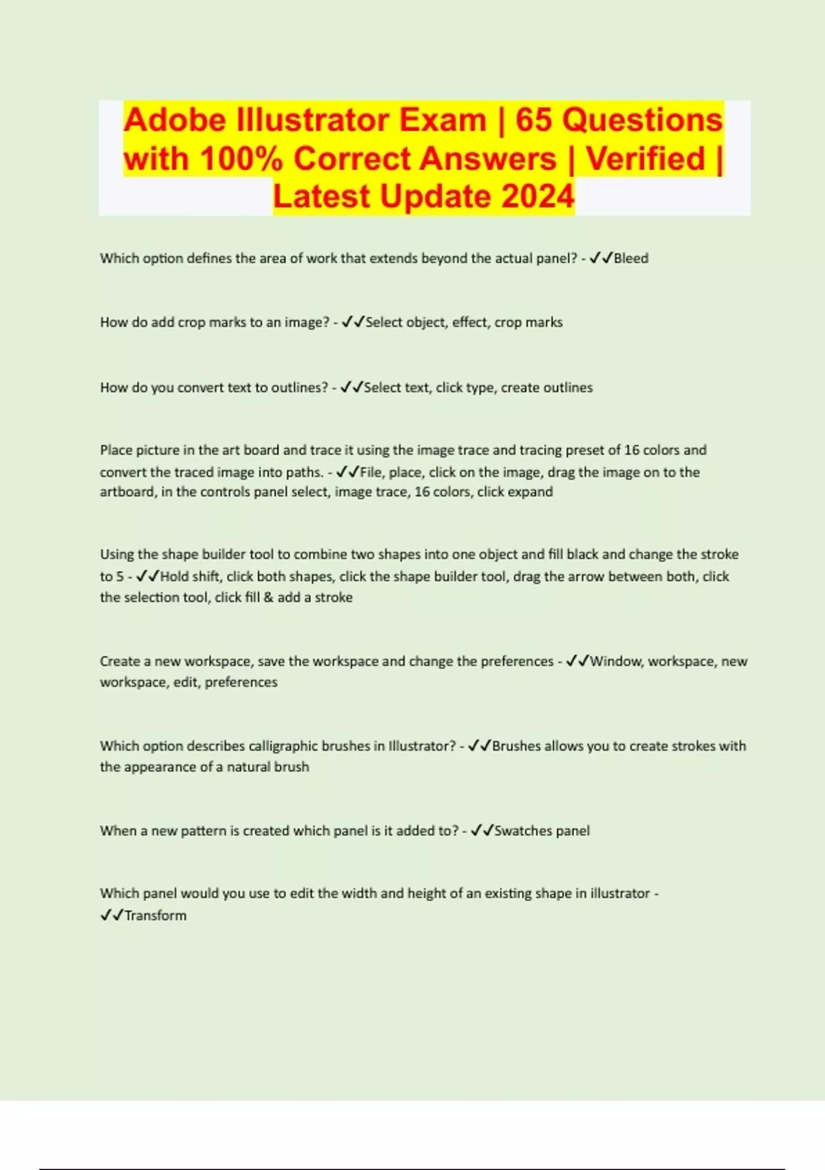 Adobe Illustrator Exam | 65 Questions with 100% Correct Answers ...