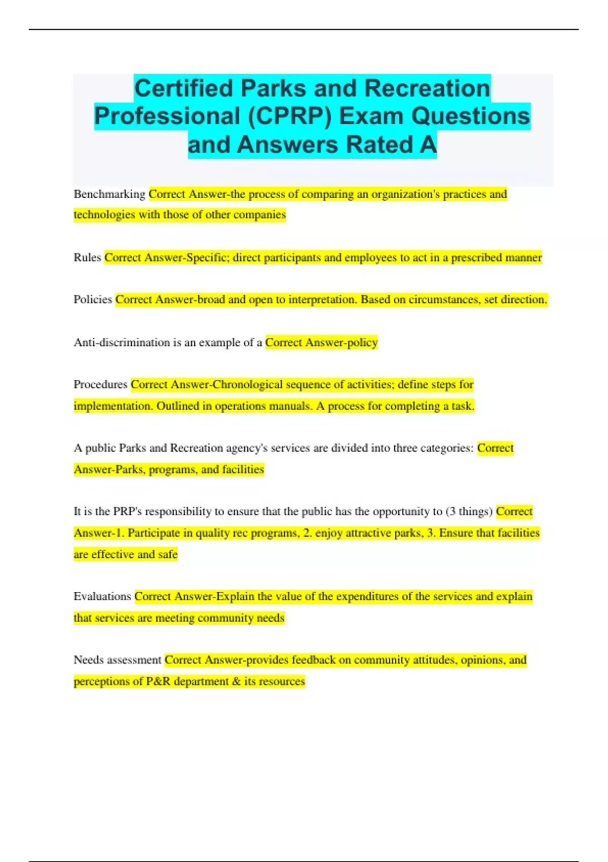 Certified Parks and Recreation Professional (CPRP) Exam Questions and ...