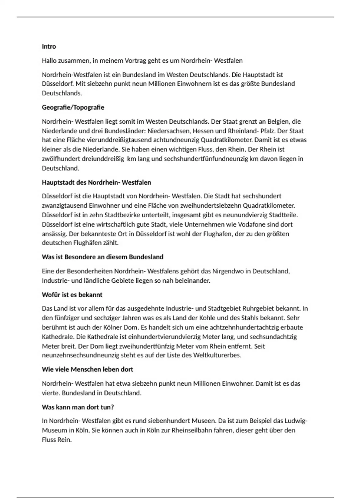Spreekbeurt Nordrhein Westfalen (duitse tekst) - Duits - Stuvia NL