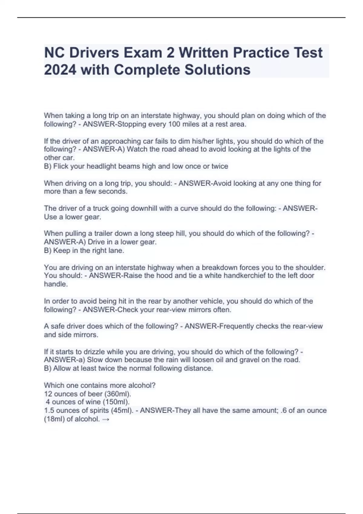 NC Drivers Exam 2 Written Practice Test 2024 with Complete Solutions ...