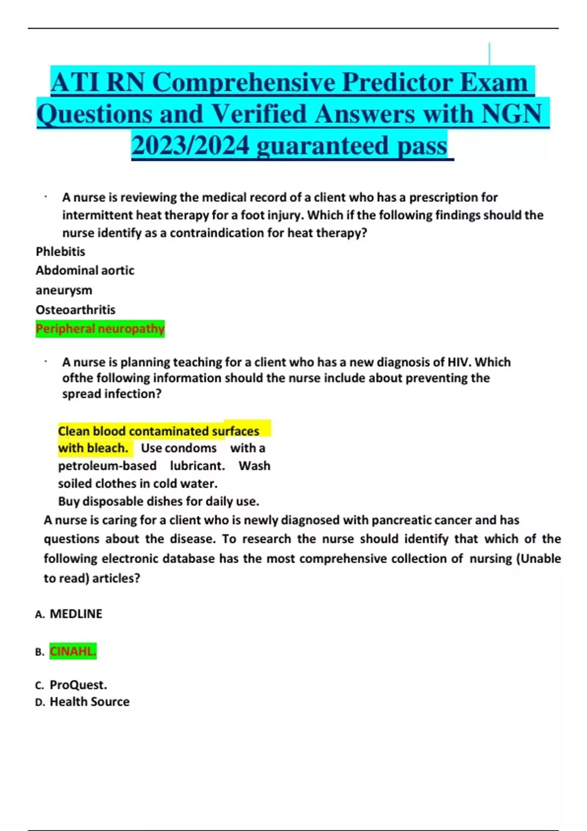 BEST ANSWERS ATI RN Comprehensive Predictor Exam Questions and Verified Answers with NGN 2023/ ...