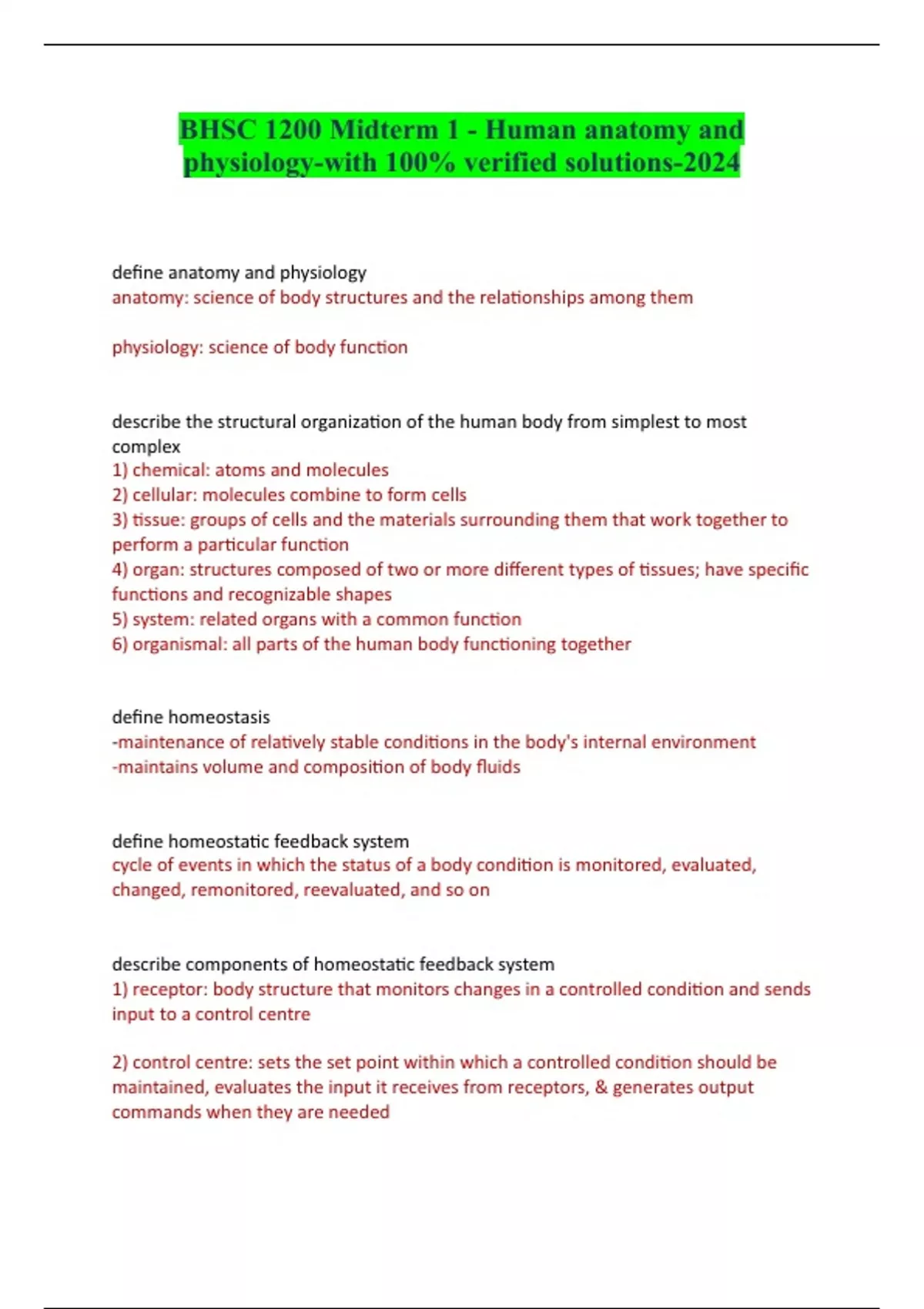 BHSC 1200 Midterm 1 - Human anatomy and physiology-with 100% verified ...