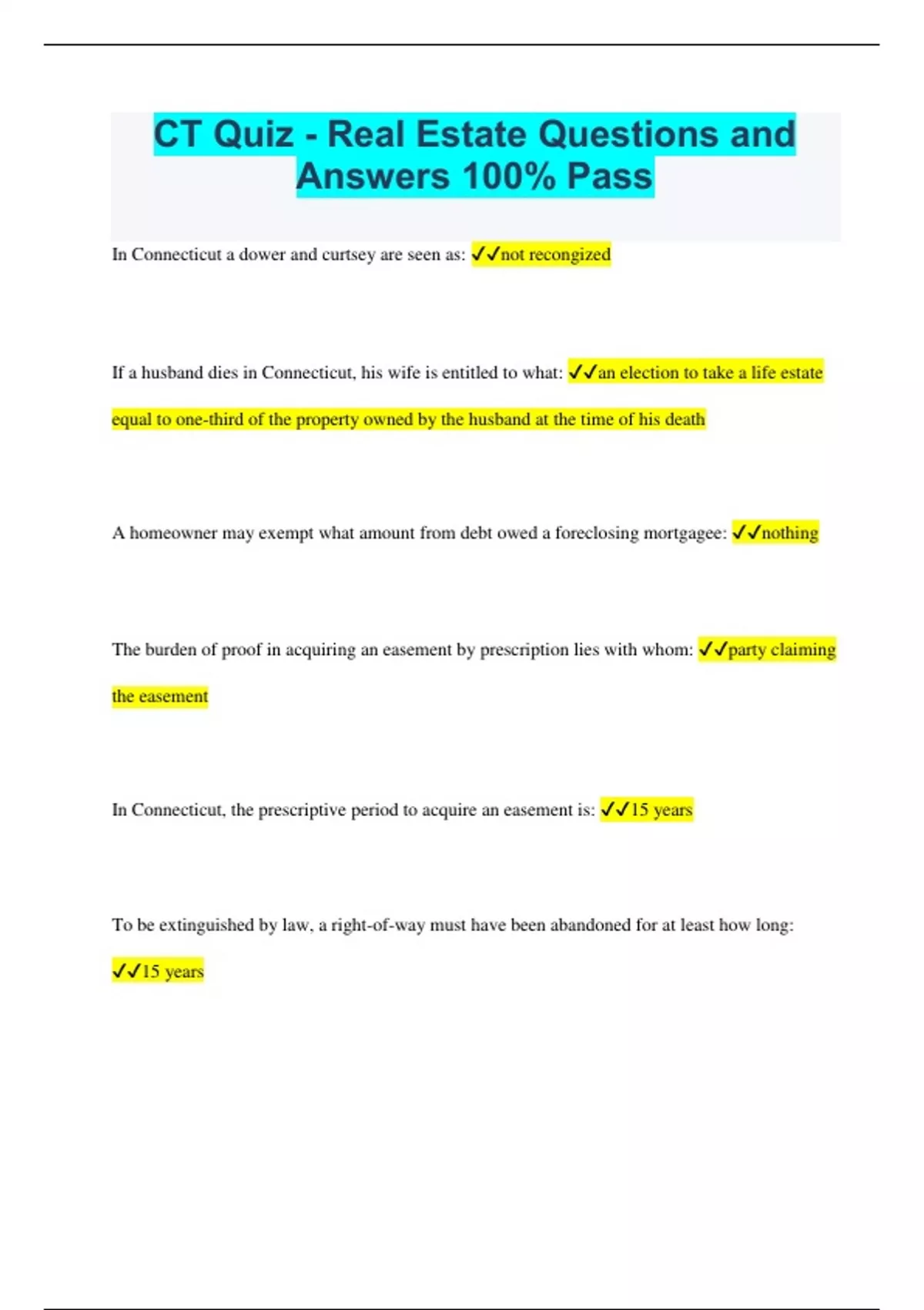 CT Quiz - Real Estate Questions and Answers 100% Pass - CT - Real Estate - Stuvia US