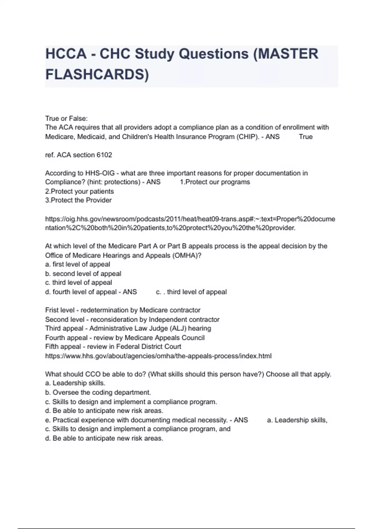 HCCA - CHC Study Questions (MASTER FLASHCARDS) - CHC - Stuvia US