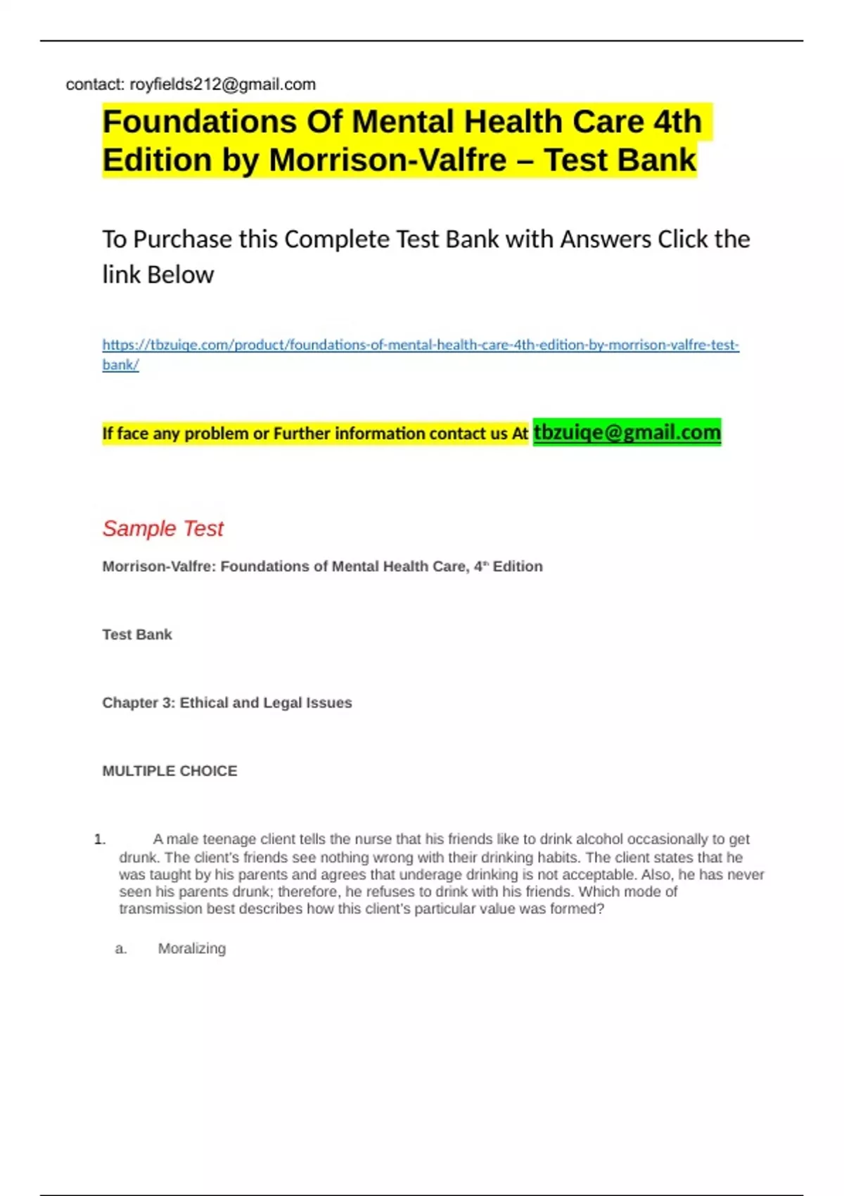 Foundations Of Mental Health Care 4th Edition by Morrison-Valfre – Test ...