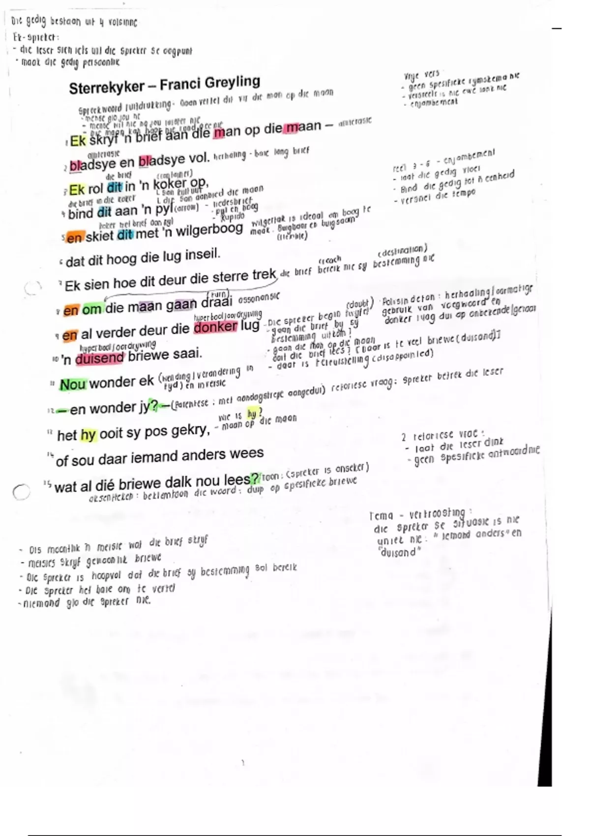 Summary Sterrekyker - Franci Greyling Poem notes - Afrikaans First ...