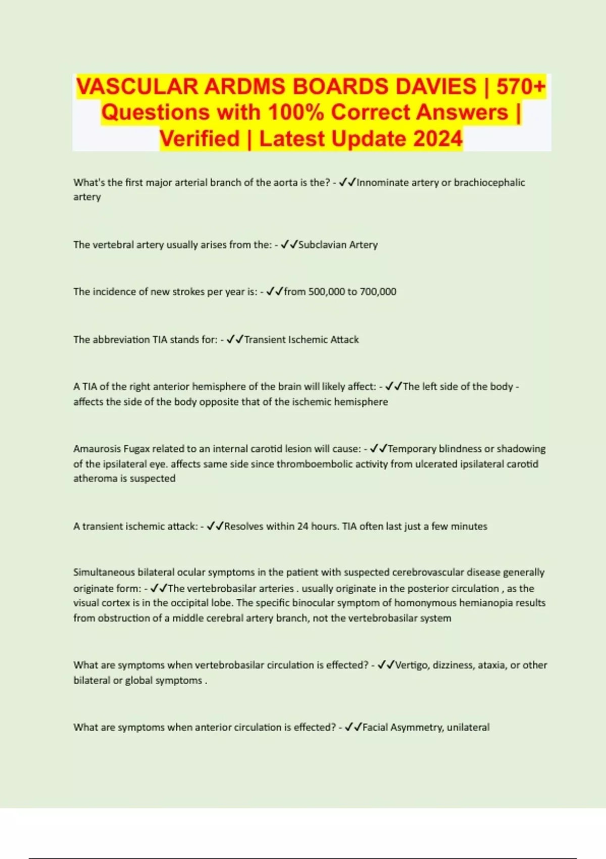 VASCULAR ARDMS BOARDS DAVIES | 570+ Questions with 100% Correct Answers ...