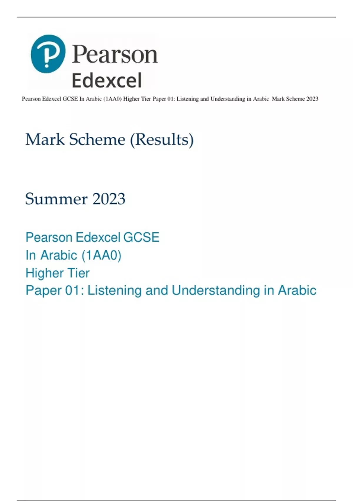 Pearson Edexcel GCSE In Arabic (1AA0) Higher Tier Paper 01: Listening ...