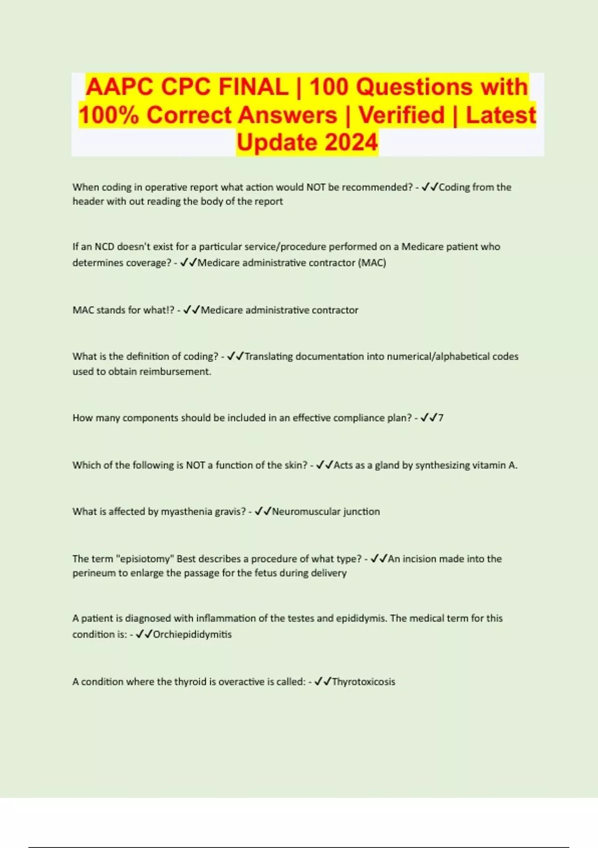 AAPC CPC FINAL | 100 Questions with 100% Correct Answers | Verified ...