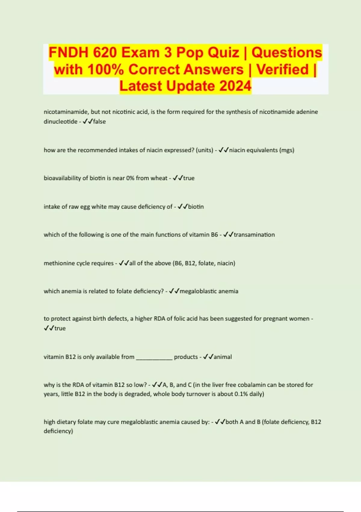 FNDH 620 Exam 3 Pop Quiz | Questions with 100% Correct Answers ...