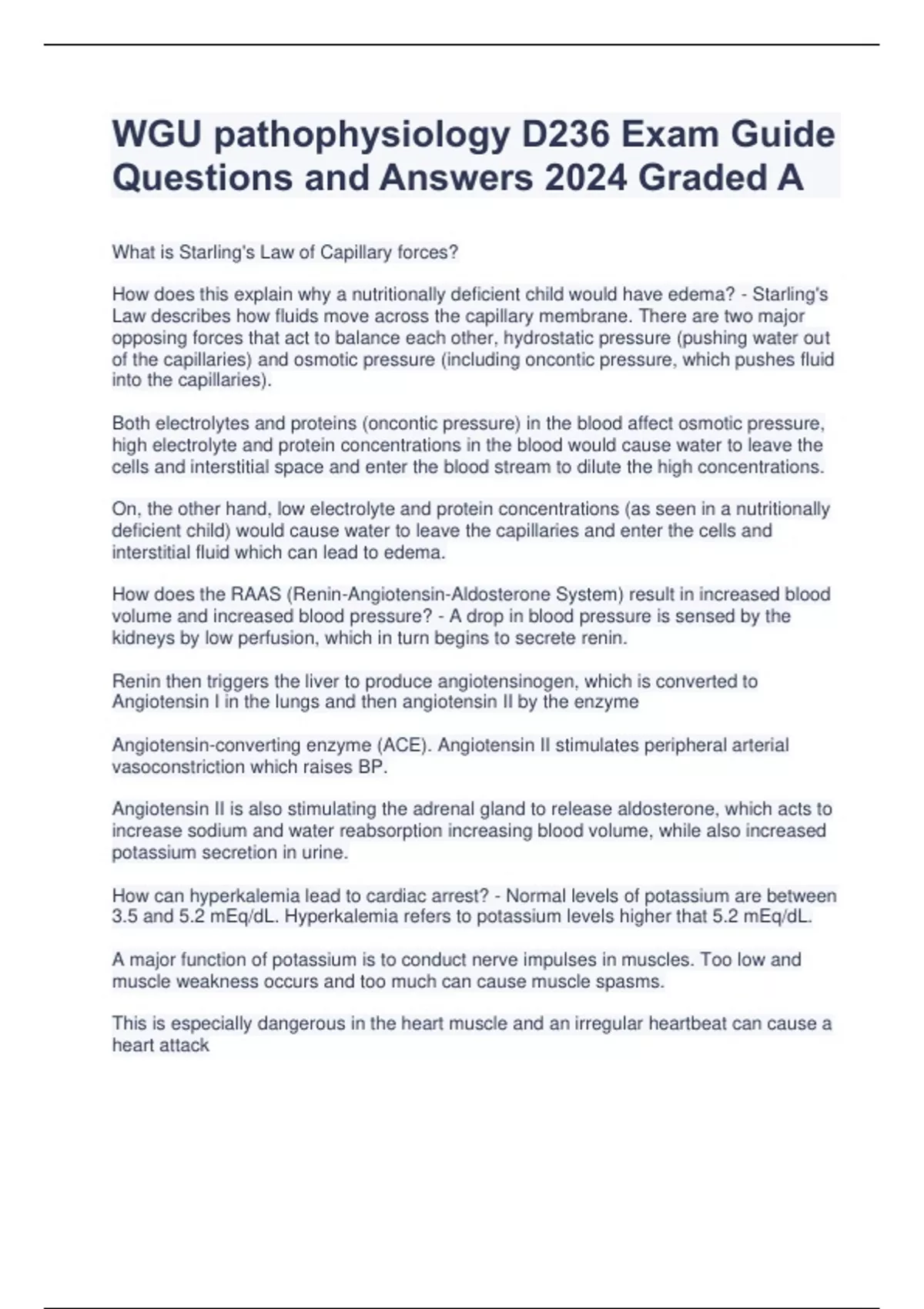 WGU pathophysiology D236 Exam Guide Questions and Answers 2024 Graded A ...