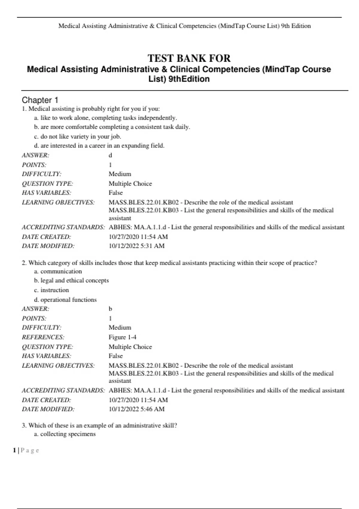 TEST BANK FOR Medical Assisting Administrative & Clinical Competencies ...
